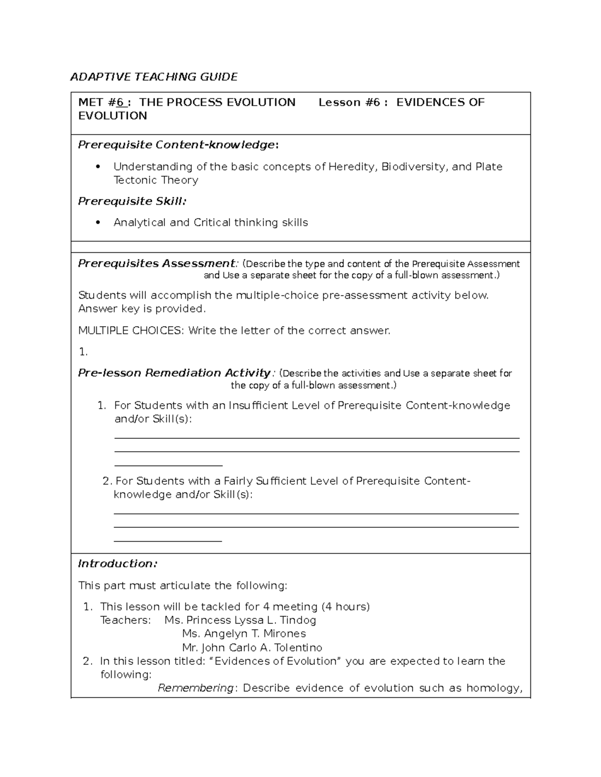 Adaptive Teaching Guide MET: Evolution Lesson on Heredity ...