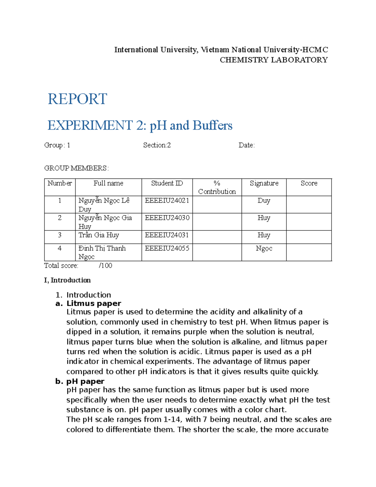 Chemistry laboratory report 2: pH and buffers (Group 1, Section 2 ...