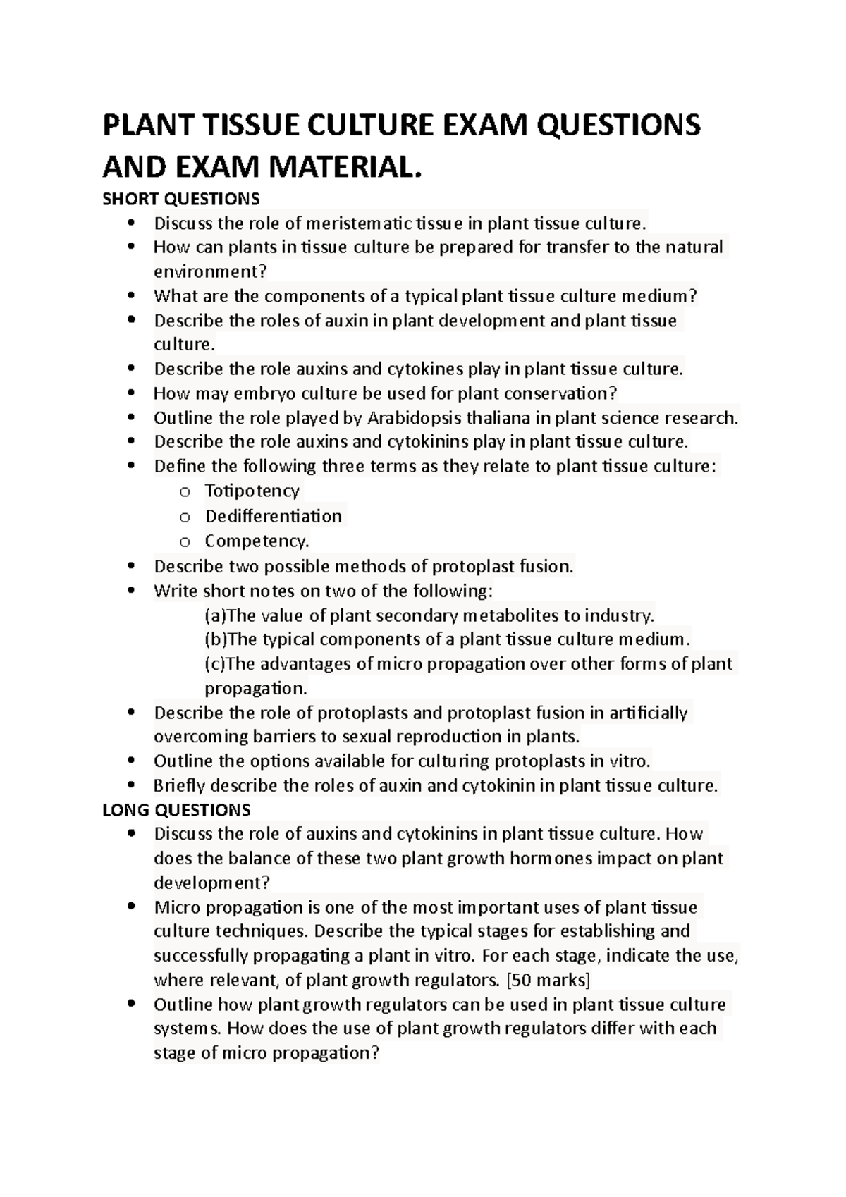 Plant Tissue Culture (PTC) EXAM Questions and Study Materials - Studocu