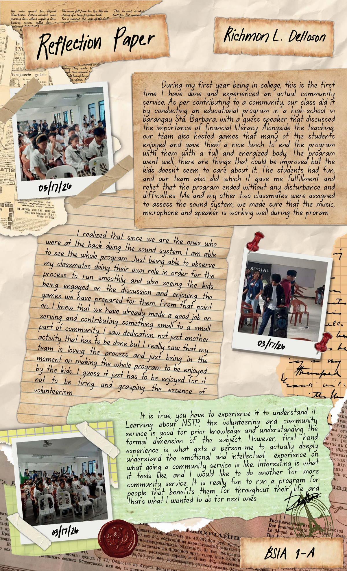 Reflection on Community Service Experience - NSTP 101 - Studocu