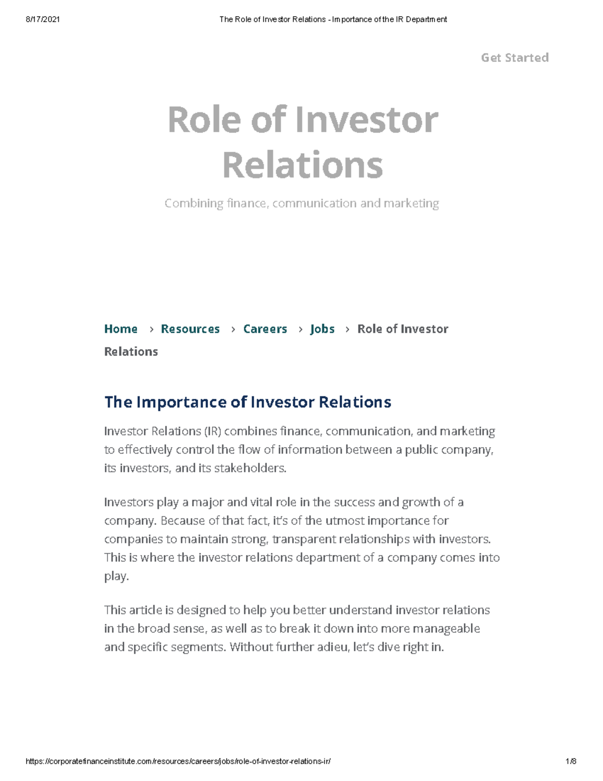 The Role and Importance of Investor Relations in Corp. Finance - Studocu
