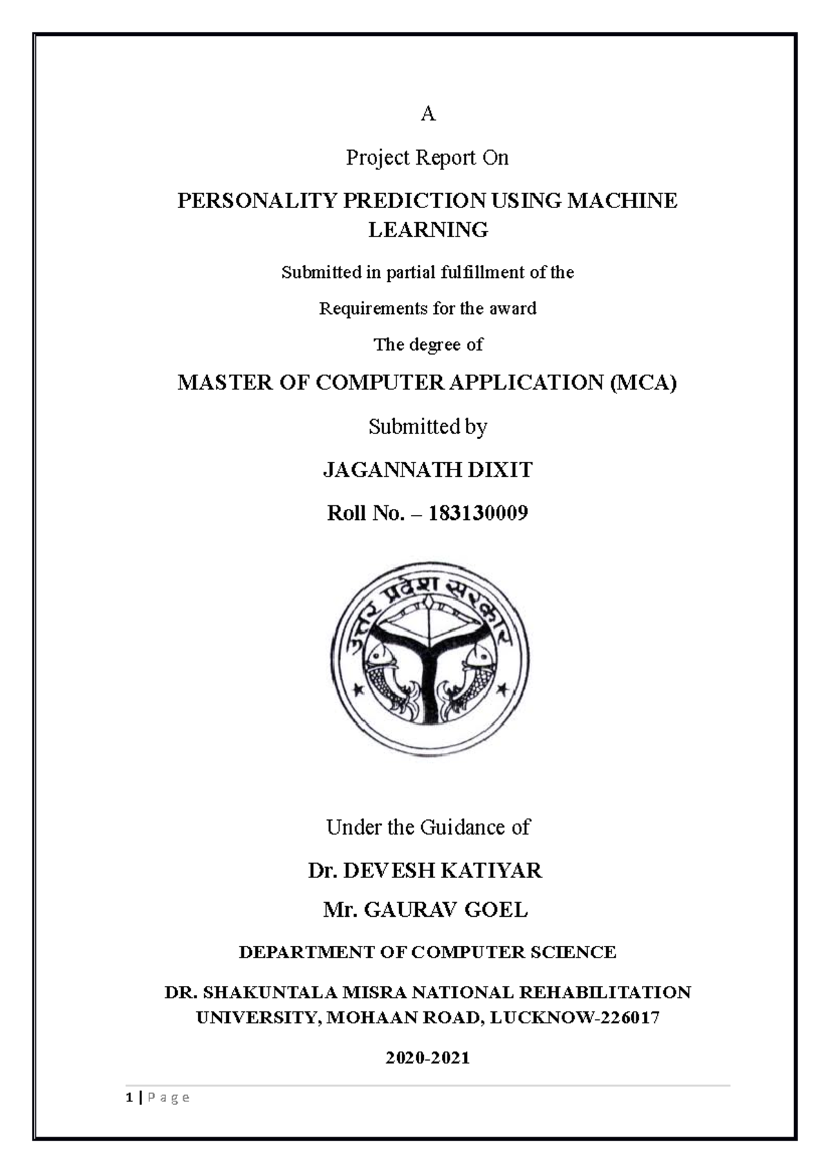 Sample Project - A Project Report On PERSONALITY PREDICTION USING ...