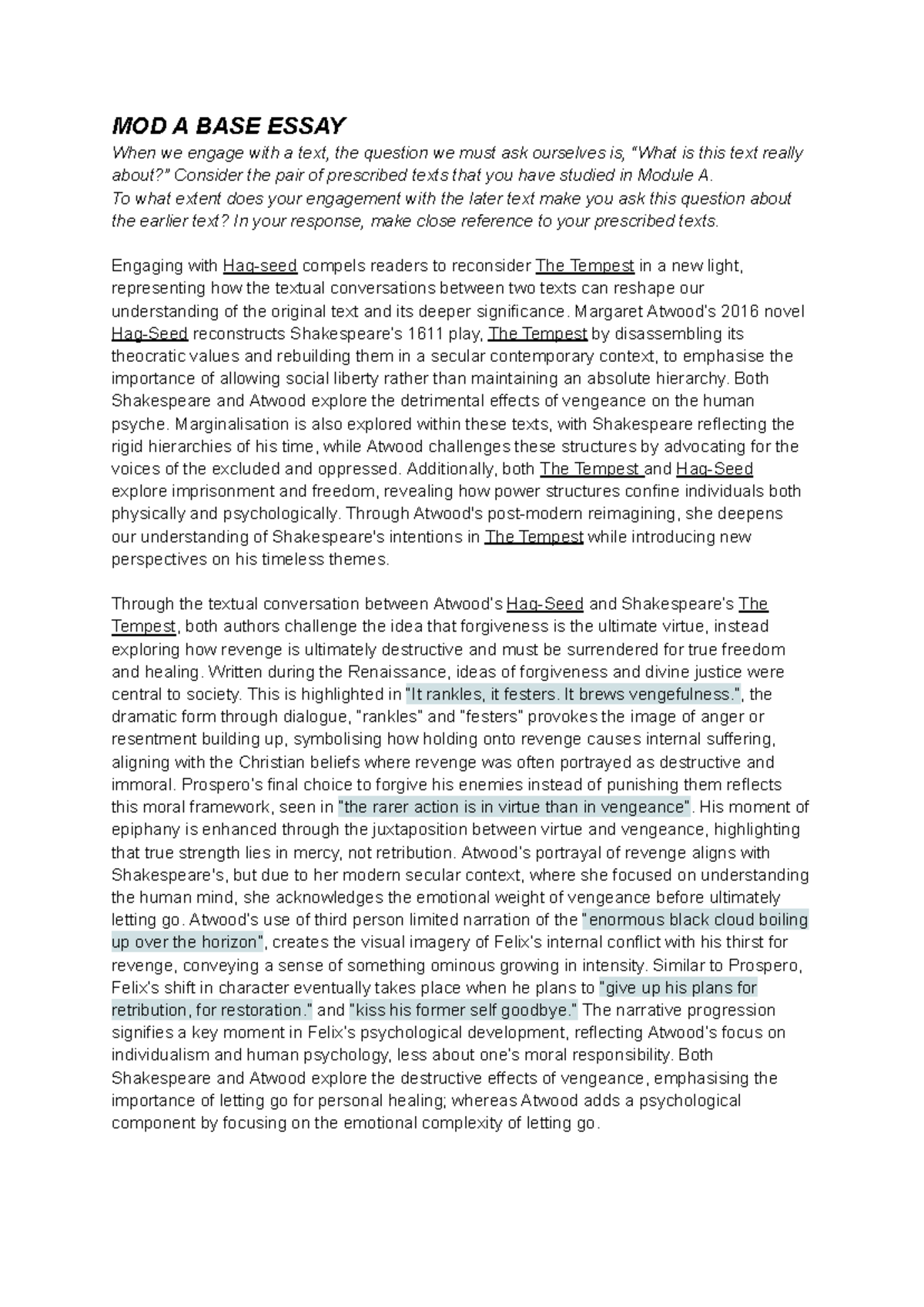 Tempest & Hag-Seed: A Comparative Analysis - MOD A Essay - Studocu