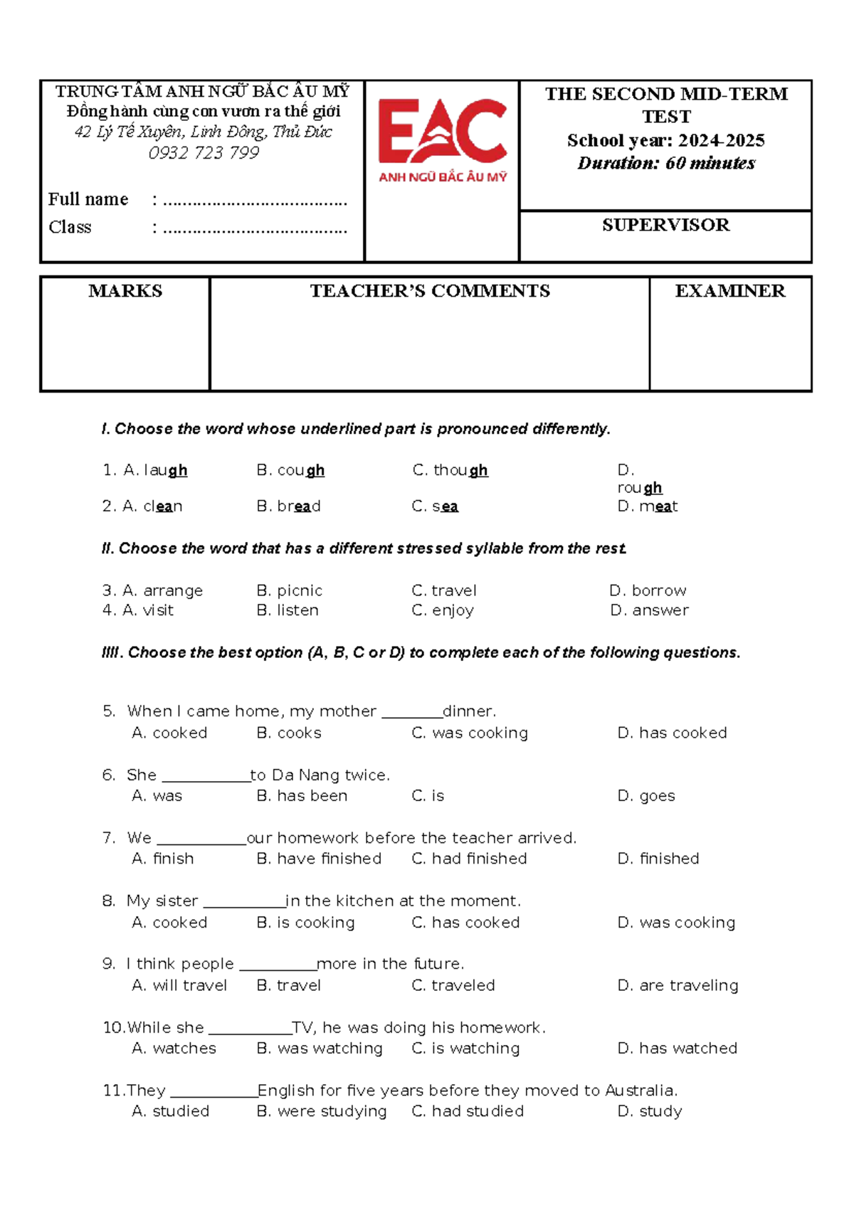 Summer Test P.U 7 - TRUNG TÂM ANH NGỮ BẮC ÂU MỸ - Studocu
