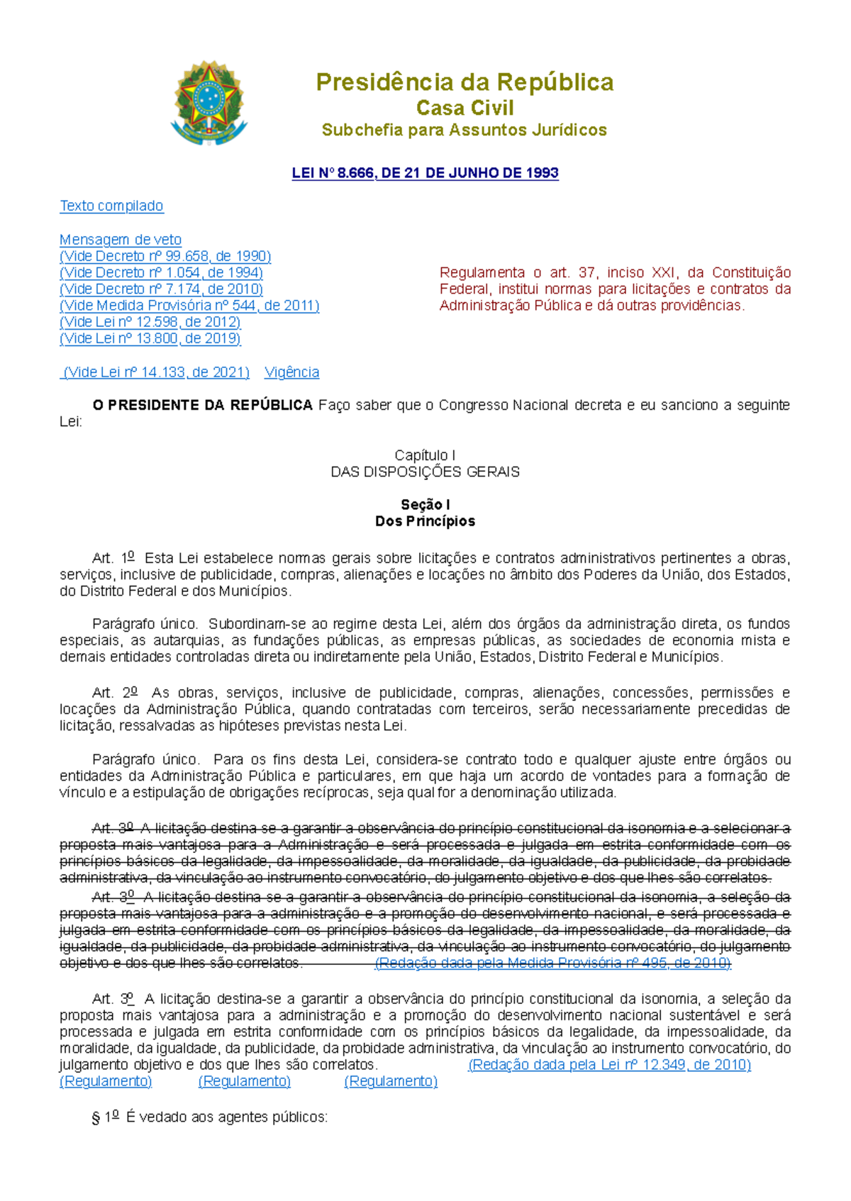 Lei 8 - LEI PARA LICITAÇÃO - Presidência da República Casa Civil ...