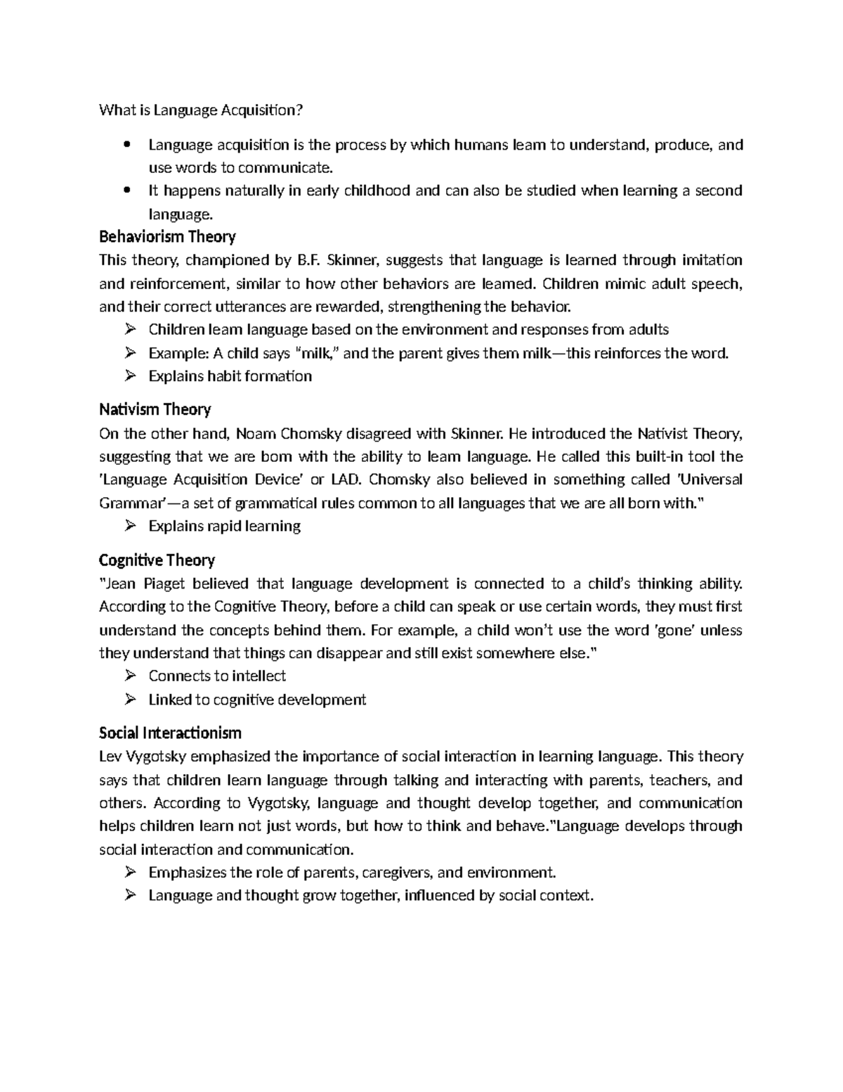 Language Acquisition Theories: Behaviorism, Nativism, Cognition ...