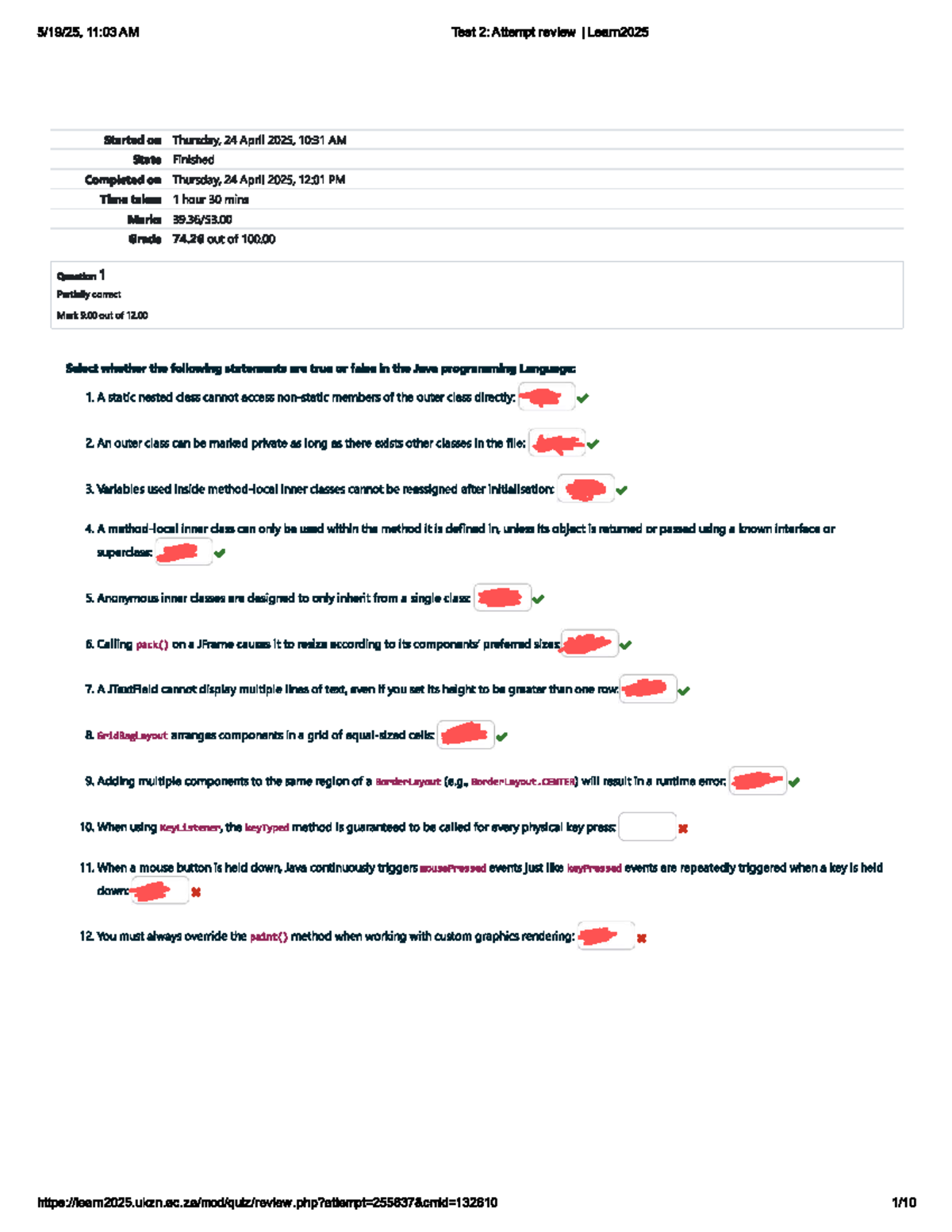 Test 2 Attempt Review for Learn2025: Java Programming Insights - Studocu