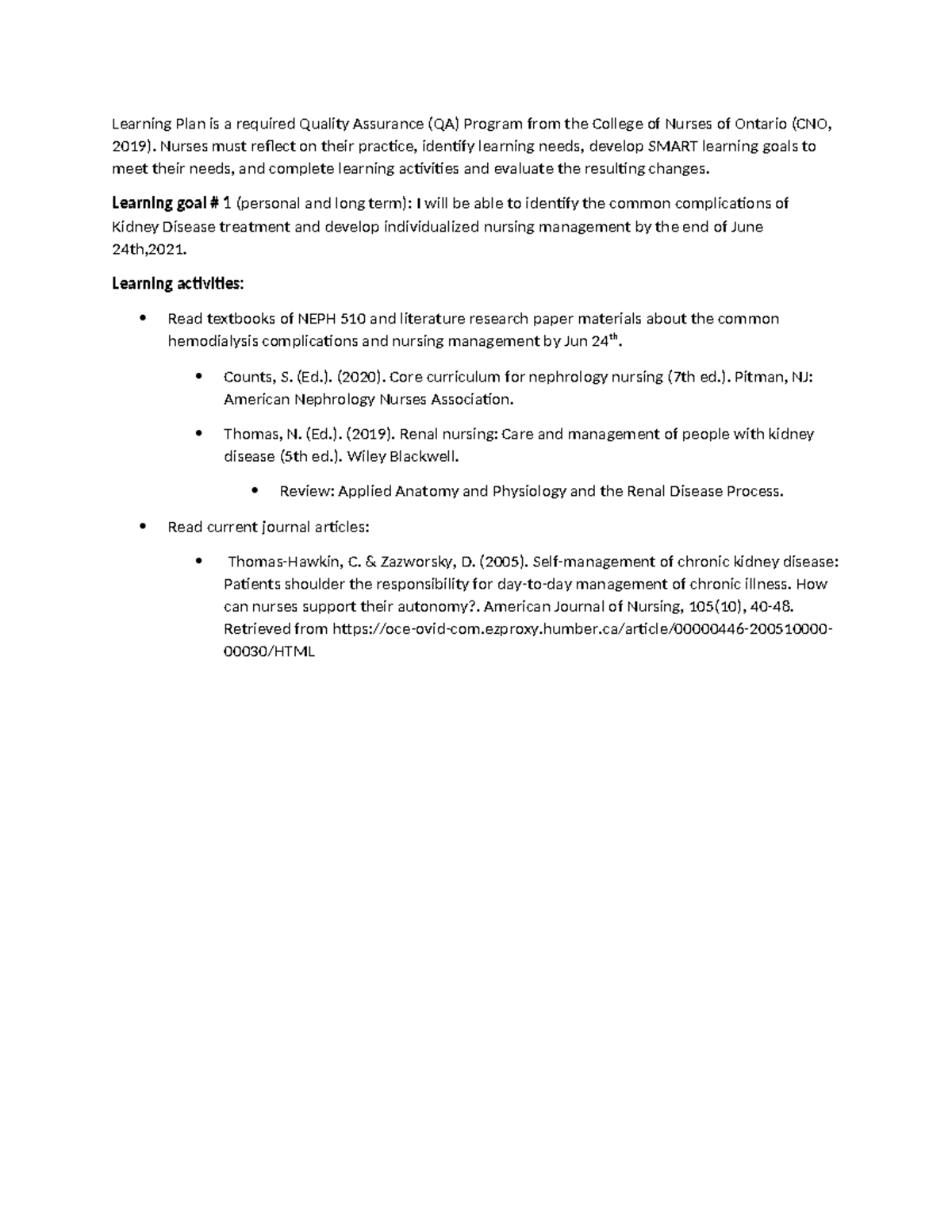 Learning Plan for NEPH 510: Nursing Management of Kidney Disease - Studocu