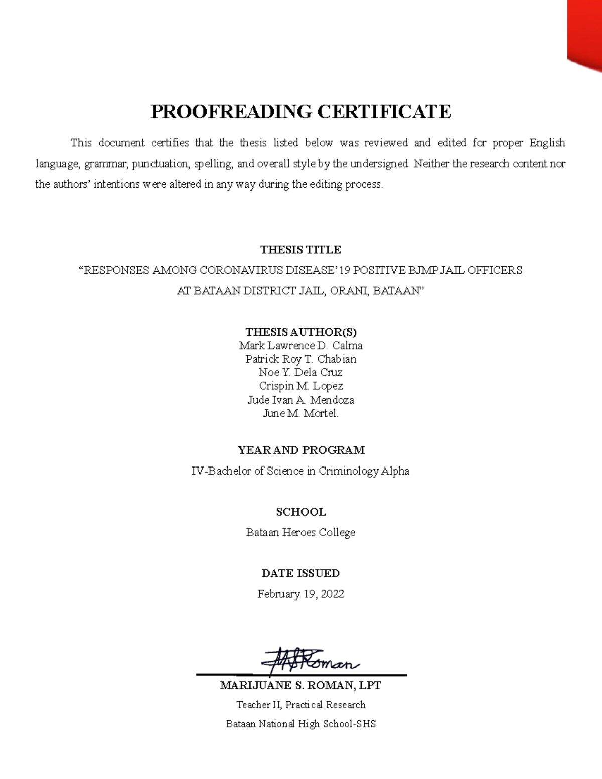 Proofreading Certificate - PROOFREADING CERTIFICATE This document ...