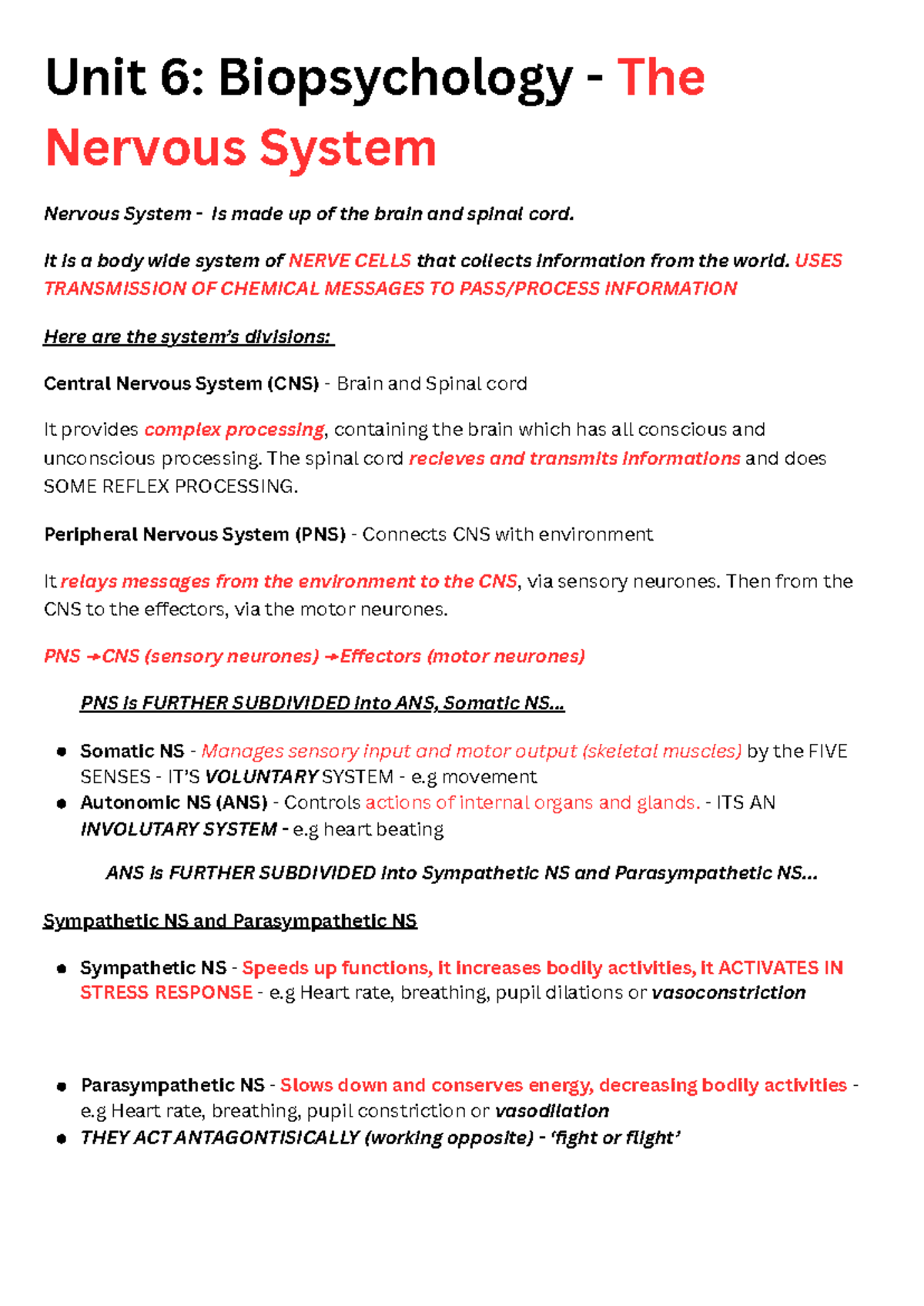 Unit 6: Biopsychology - Nervous & Endocrine Systems Overview - Studocu
