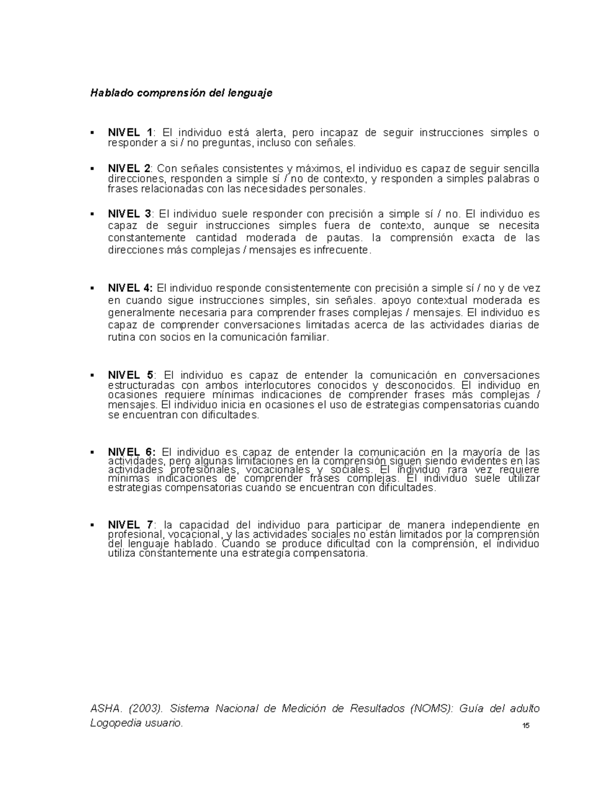 ASHA NOMS: Comprensión del Lenguaje NIVEL 1-7 - Studocu