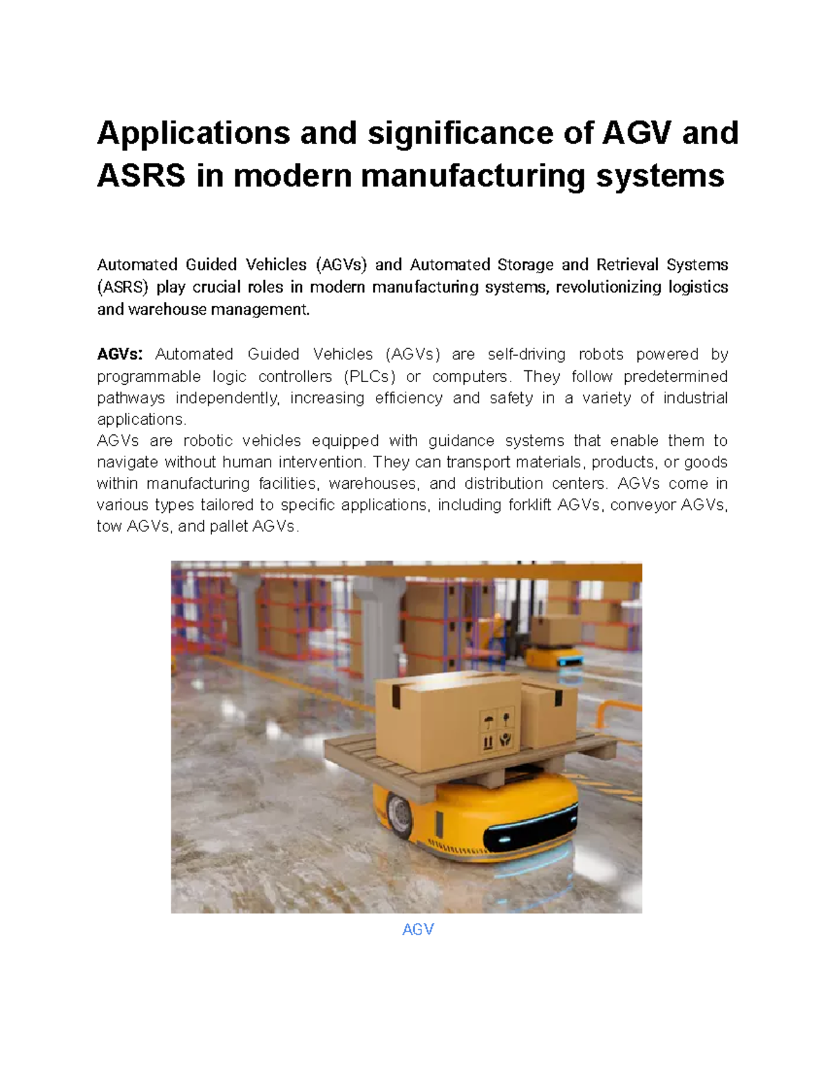 AGV & ASRS Applications in Modern Manufacturing Systems - Studocu