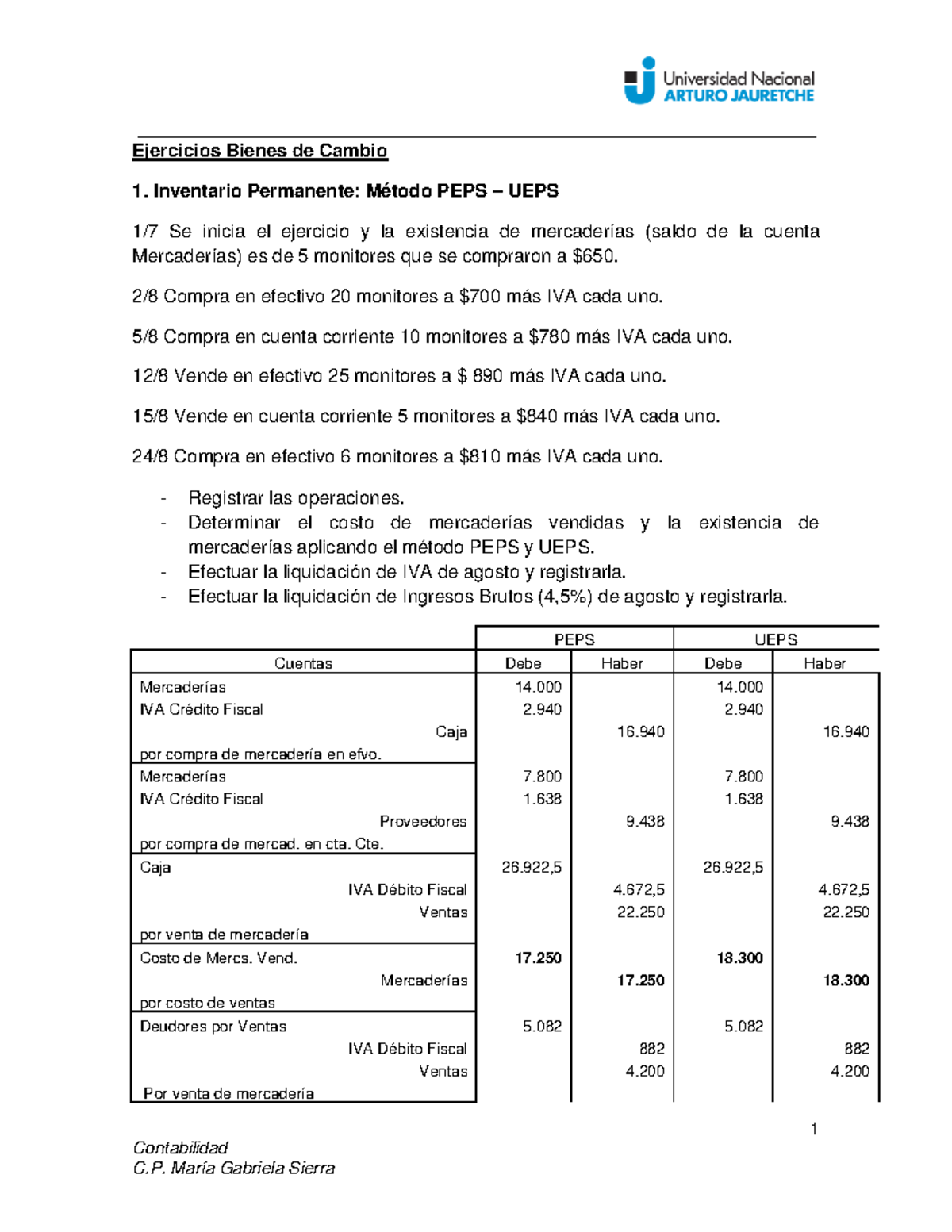 Unidad 7-2 - 1 Contabilidad Ejercicios Bienes de Cambio 1. Inventario ...