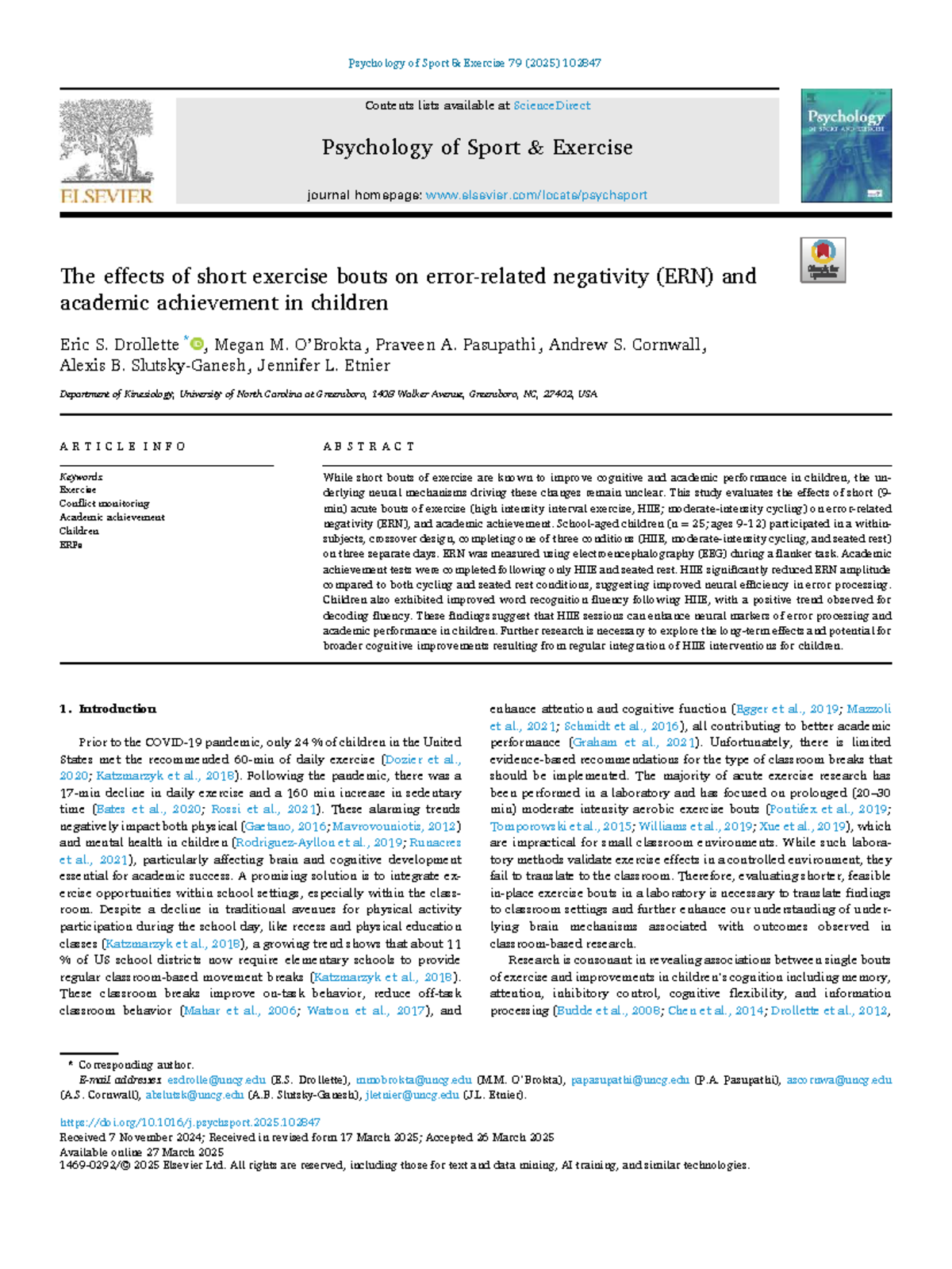 Effects of Short High-Intensity Exercise on ERN and Academic ...