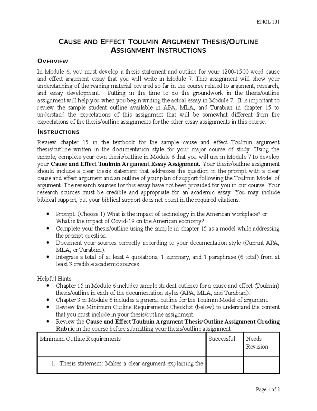 ENGL 101 Cause and Effect Toulmin Argument Thesis/Outline Guide - Studocu