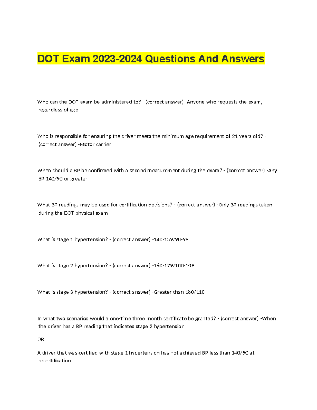 DOT Exam Questions and Answers for 2023-2024 Certification - Studocu