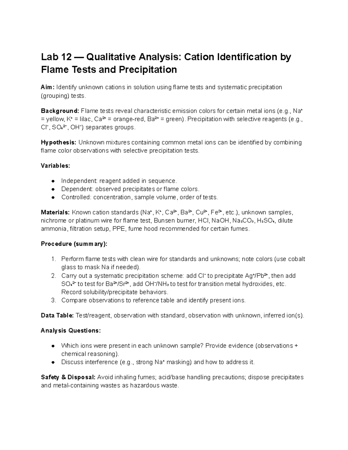 Lab 12: Qualitative Analysis of Cation Identification via Flame Tests ...