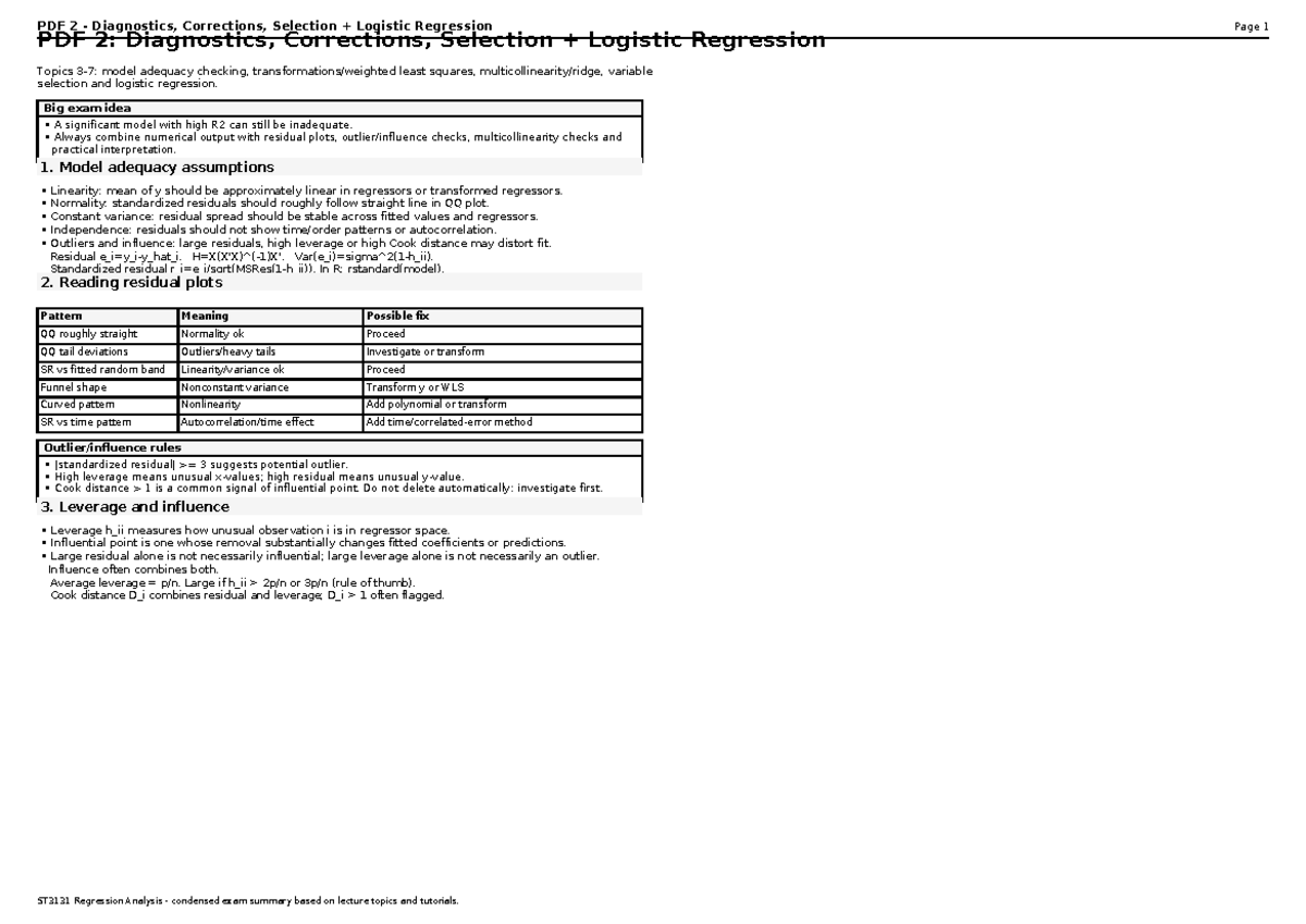 ST3131 Final Exam Summary: Diagnostics & Corrections in Logistic ...