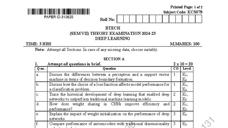 KCS078 Deep Learning Theory Exam Previous Year Questions - Studocu