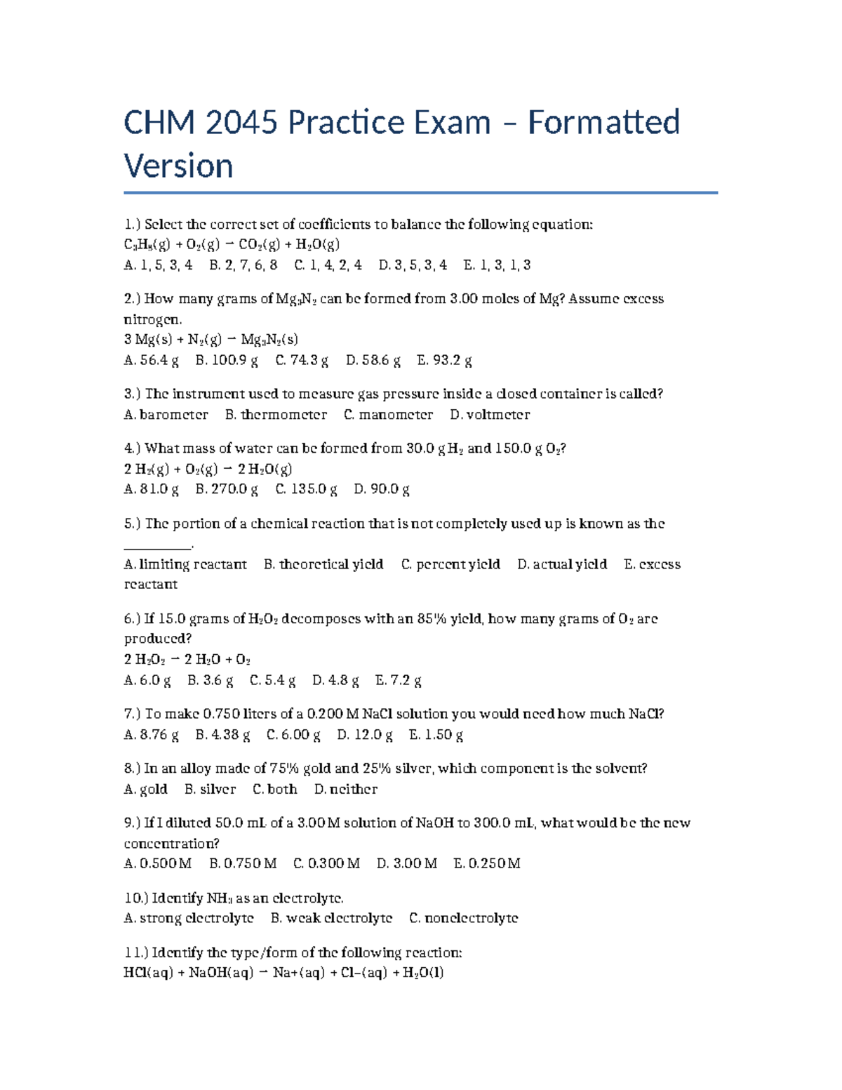 CHM 2045 Practice Exam: Balancing Equations & Stoichiometry - Studocu