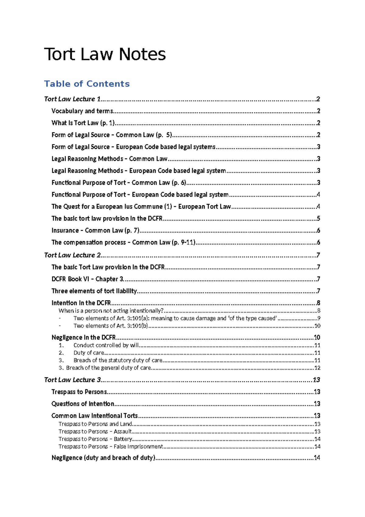 Tort Law Study Notes: Key Concepts and Legal Frameworks - Studeersnel