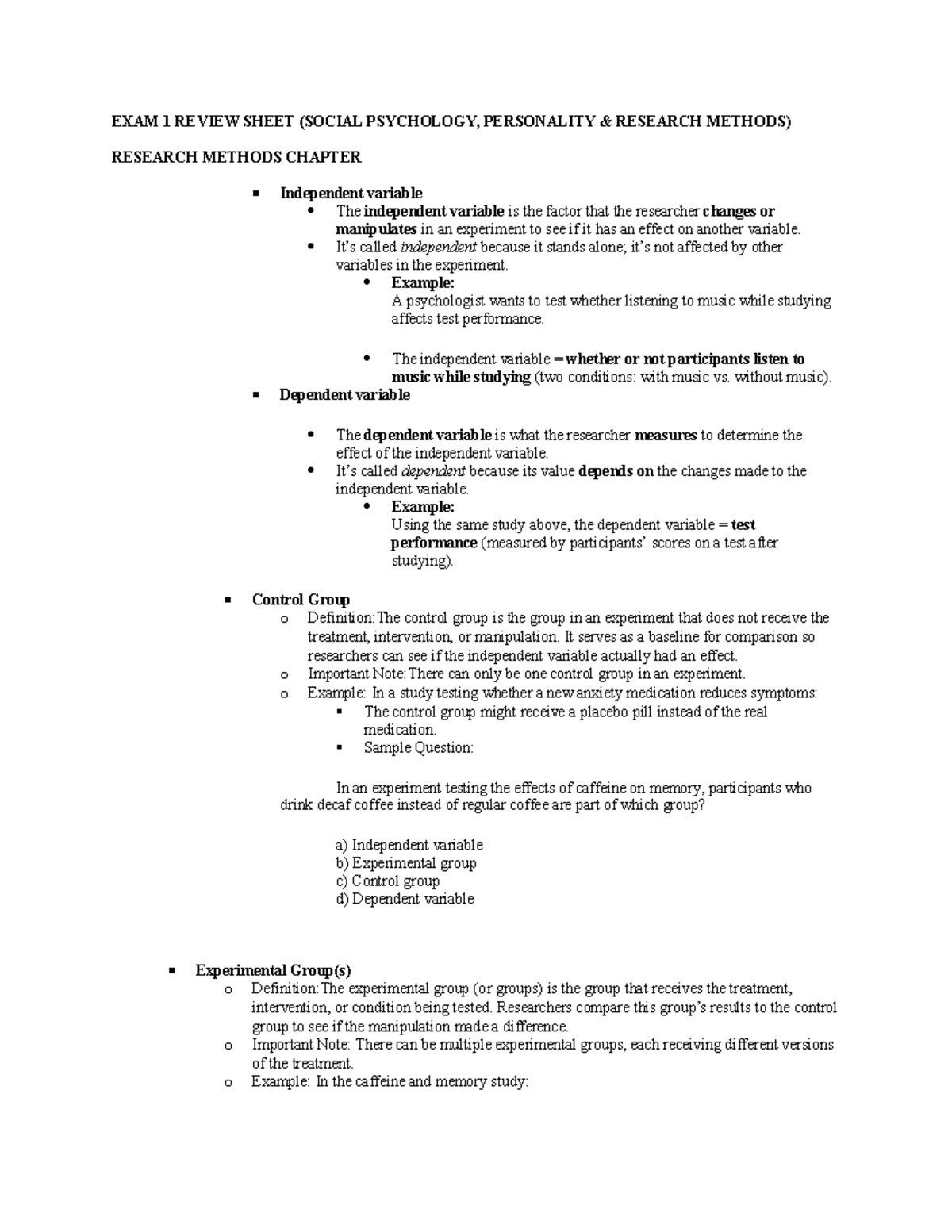 EXAM 1 REVIEW SHEET (PSY 101) RESEARCH METHODS & SOCIAL PSYCHOLOGY ...