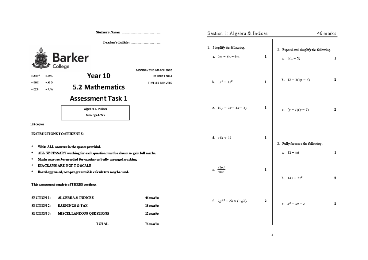 Yr 10 Math Assessment Task 1: Algebra Indices & Earnings Tax Solutions - Studocu