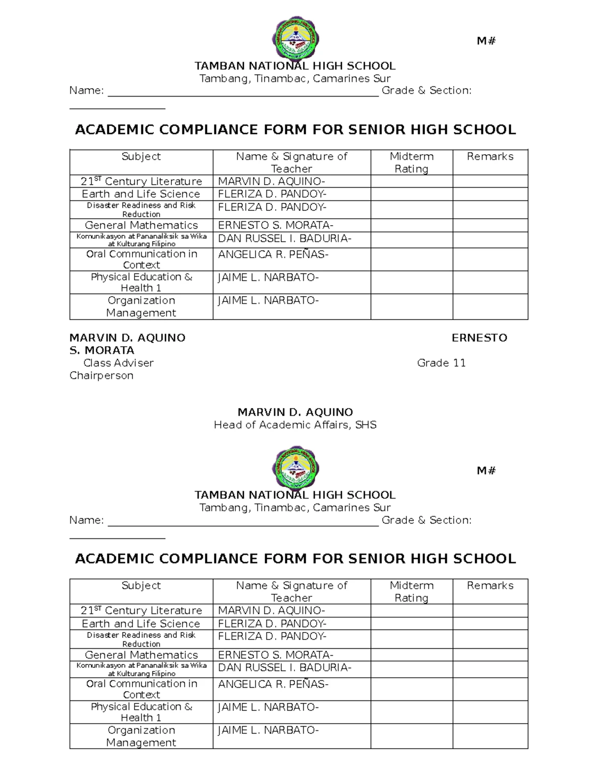 Academic Compliance Form for SHS - Oral Communication in Context - Studocu