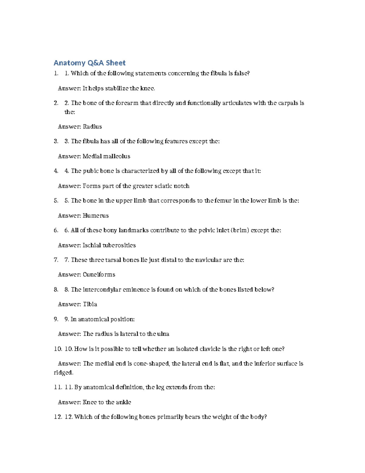Anatomy Q&A Sheet 1: Key Concepts & Review Questions - Studocu