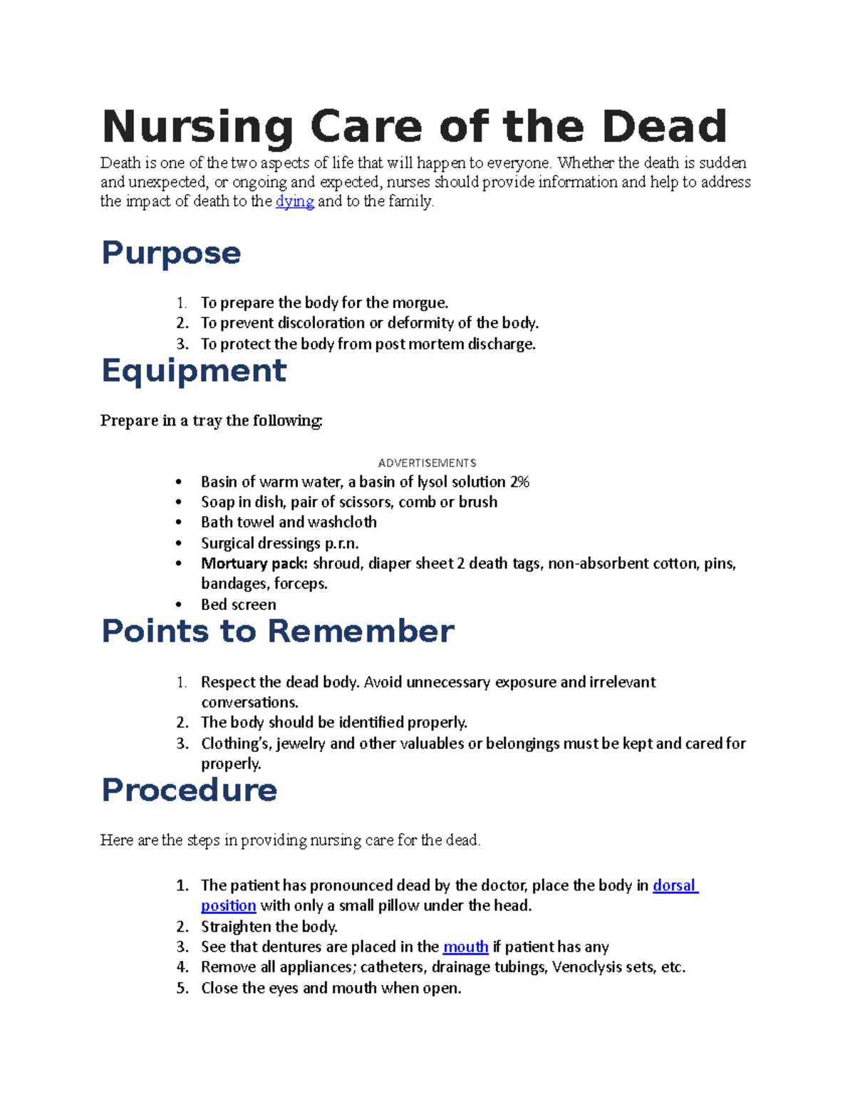 Nursing Care of the Deceased: Procedures & Equipment Essentials - Studocu