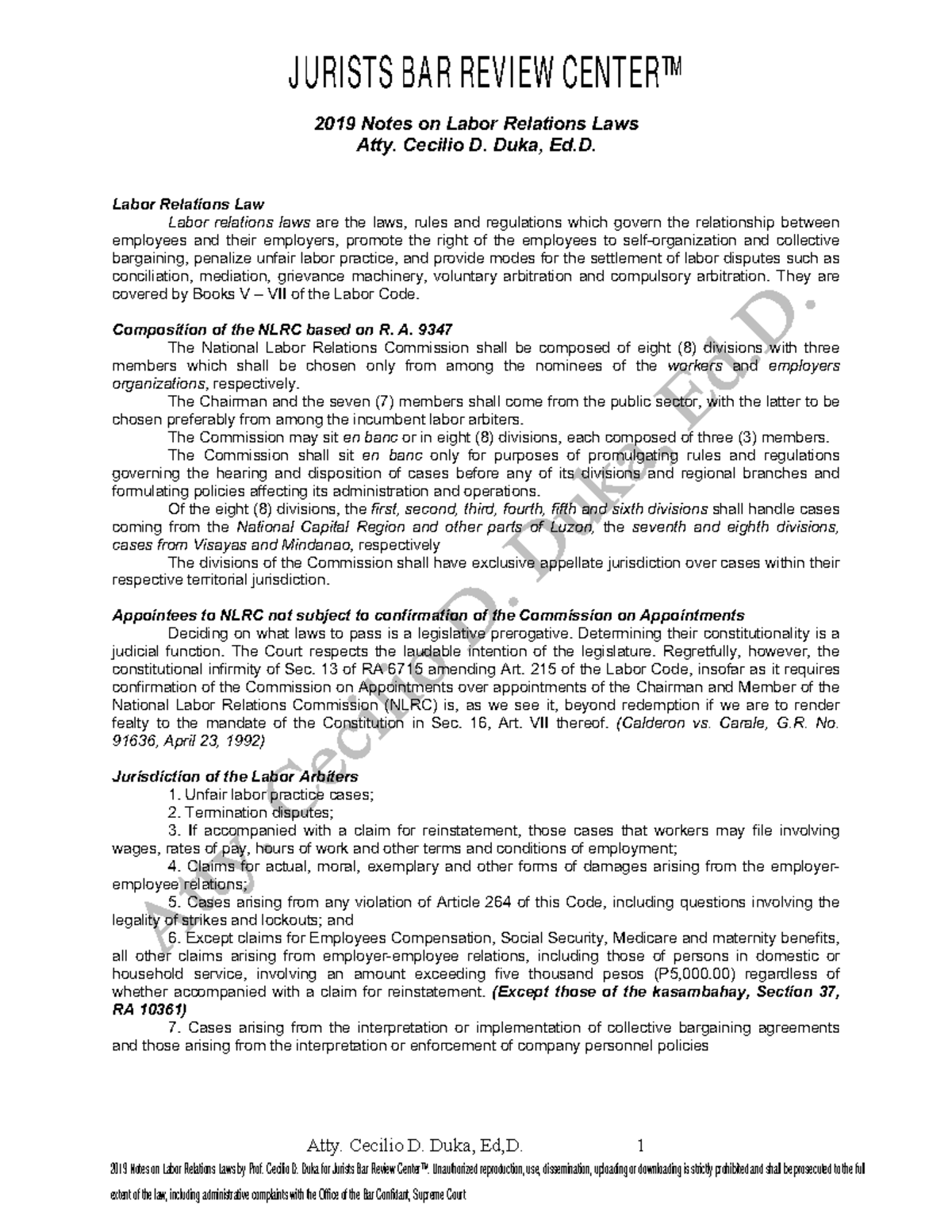 2019 Labor Relations Laws Overview by Atty. Cecilio D. Duka - Studocu