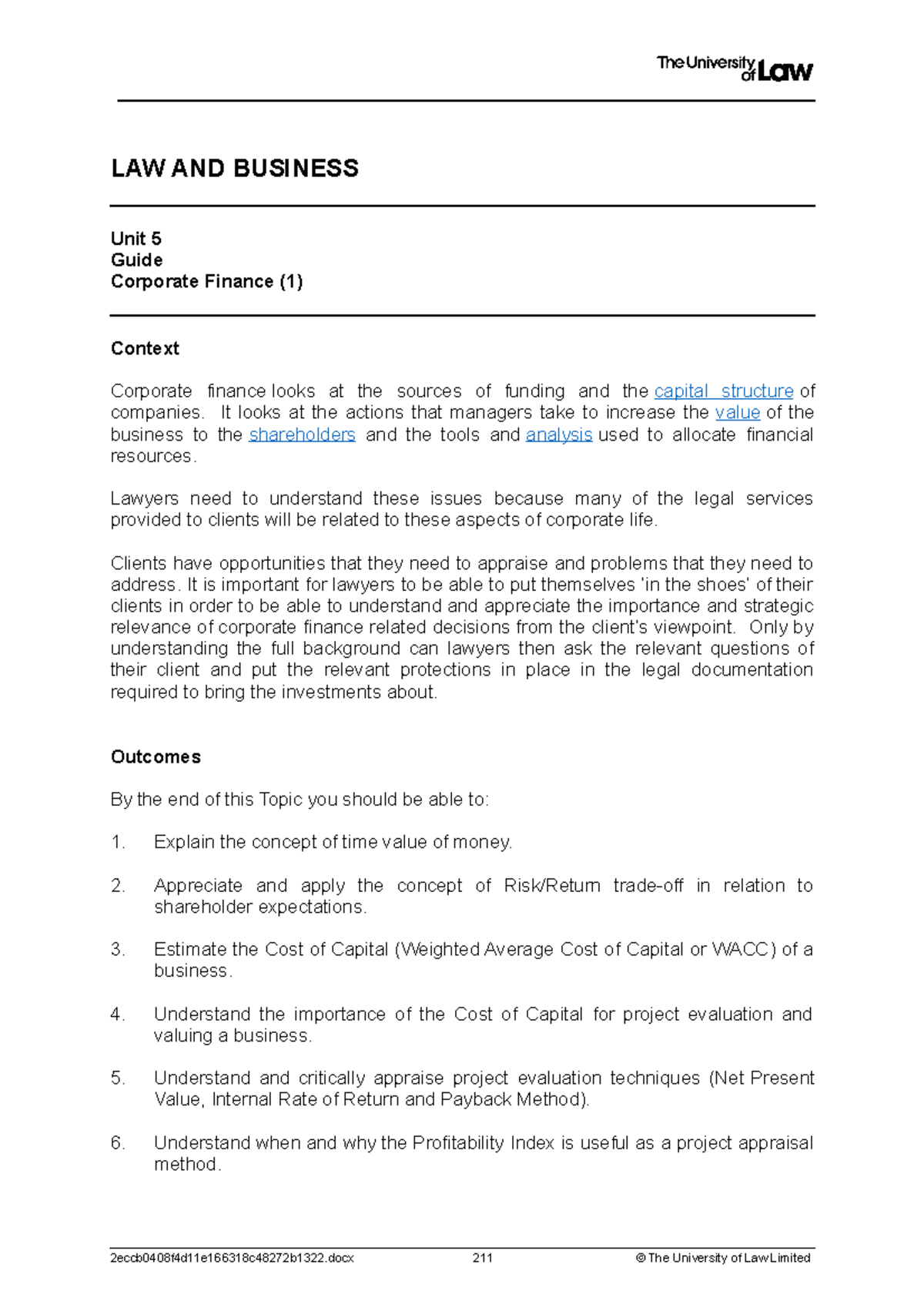 5. corporate finance I workshop 5 - LAW AND BUSINESS Unit 5 Guide ...