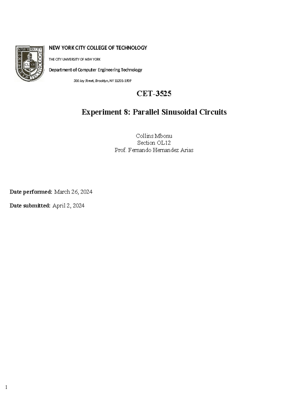 CET 3525 – Lab Report #8 - NEW YORK CITY COLLEGE OF TECHNOLOGY THE CITY ...