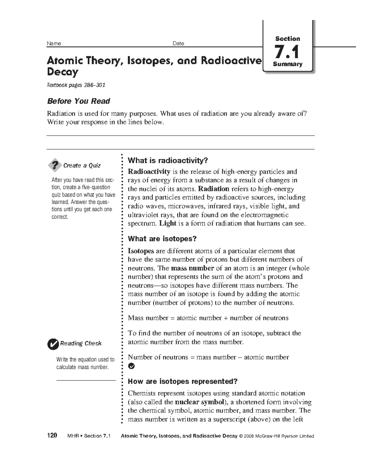 7.1 Workbook: Atomic Theory, Isotopes, and Radioactive Decay Summary ...