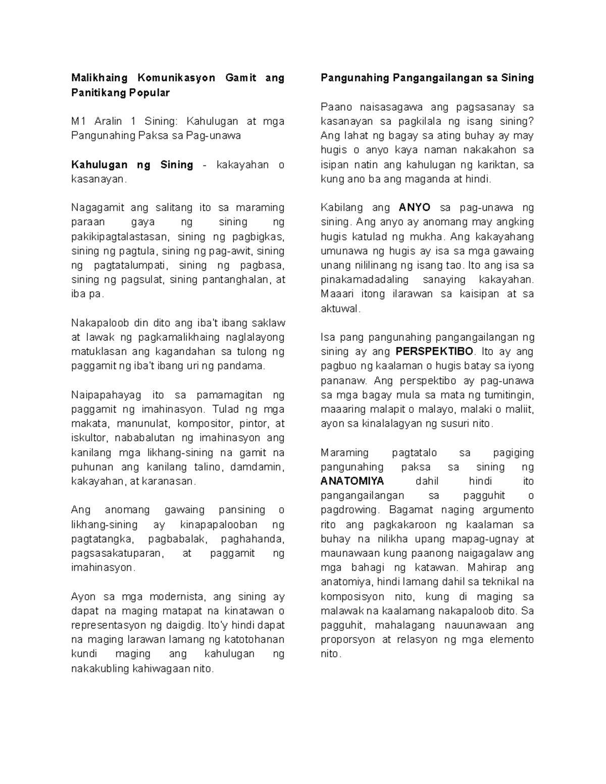 Malikhaing Komunikasyon M1: Sining at Panitikan sa Popular na Kultura ...