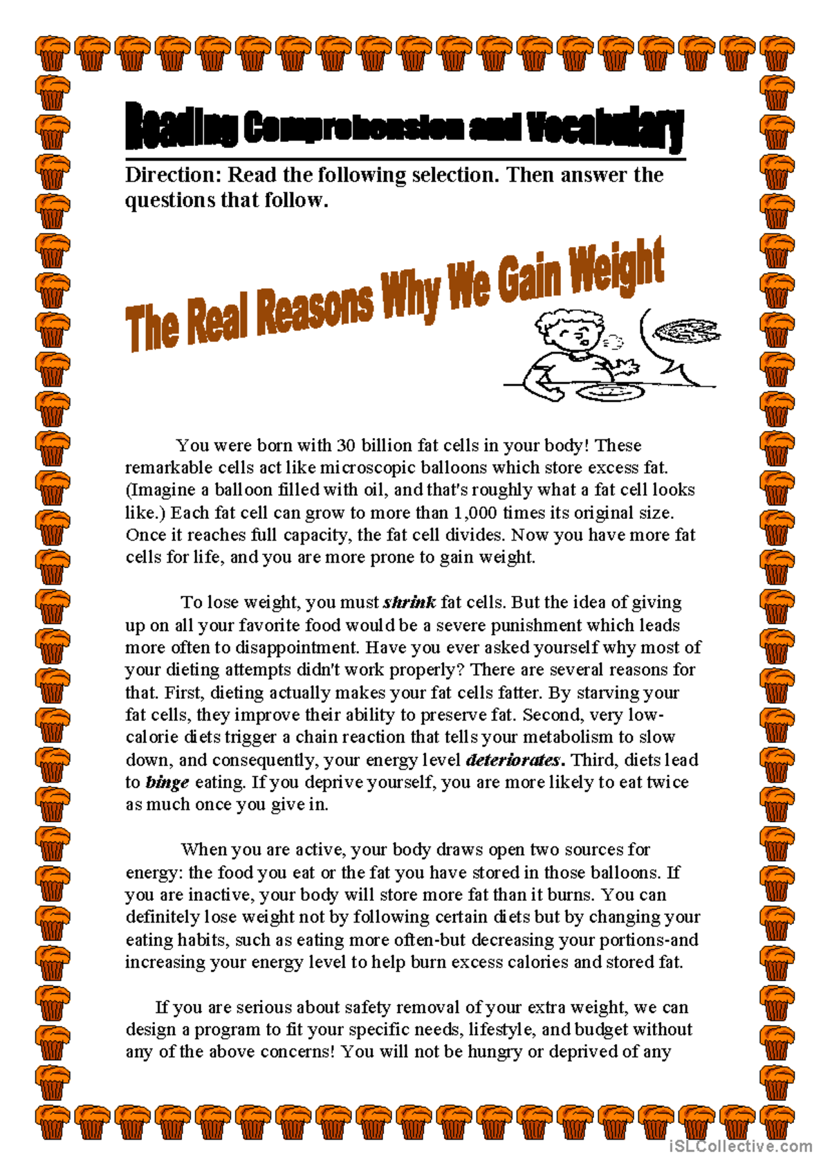 Reading Comprehension: Fat Cells and Dieting - Pre-Advanced (Mr ...