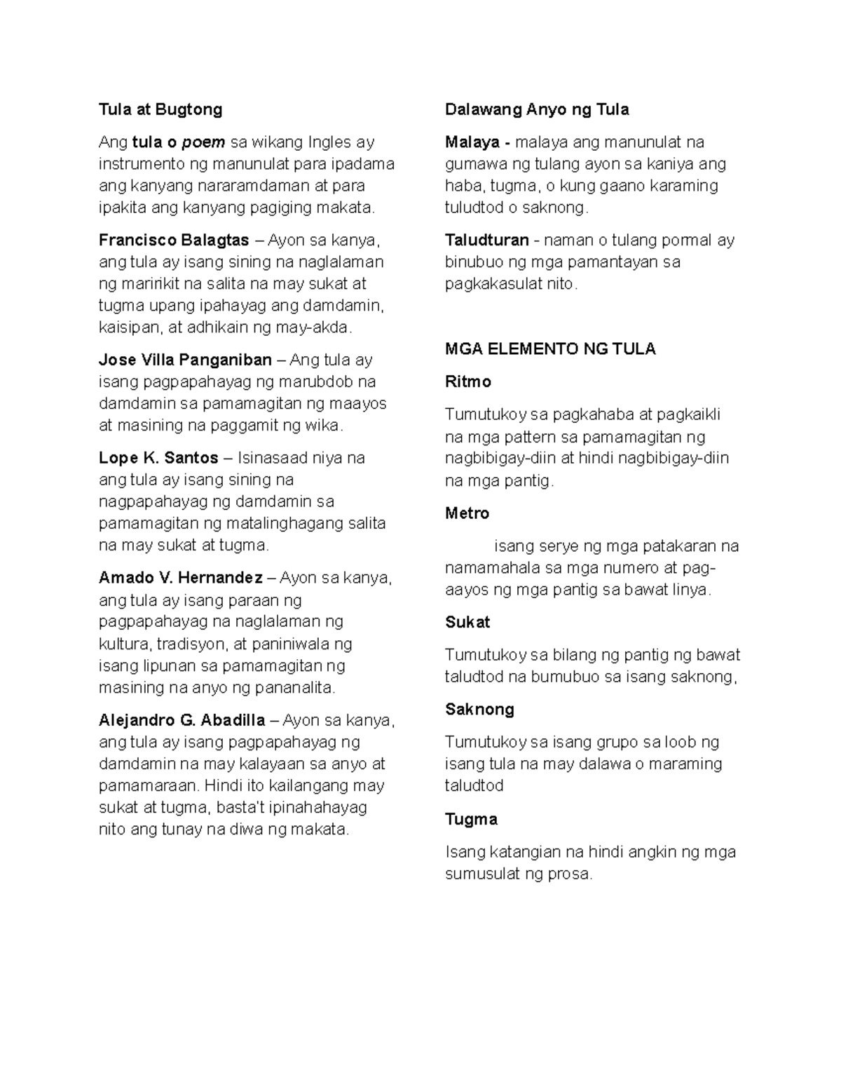 Reviewer-SA-Filipino 2: Tula at Bugtong - Mga Anyo at Elemento - Studocu