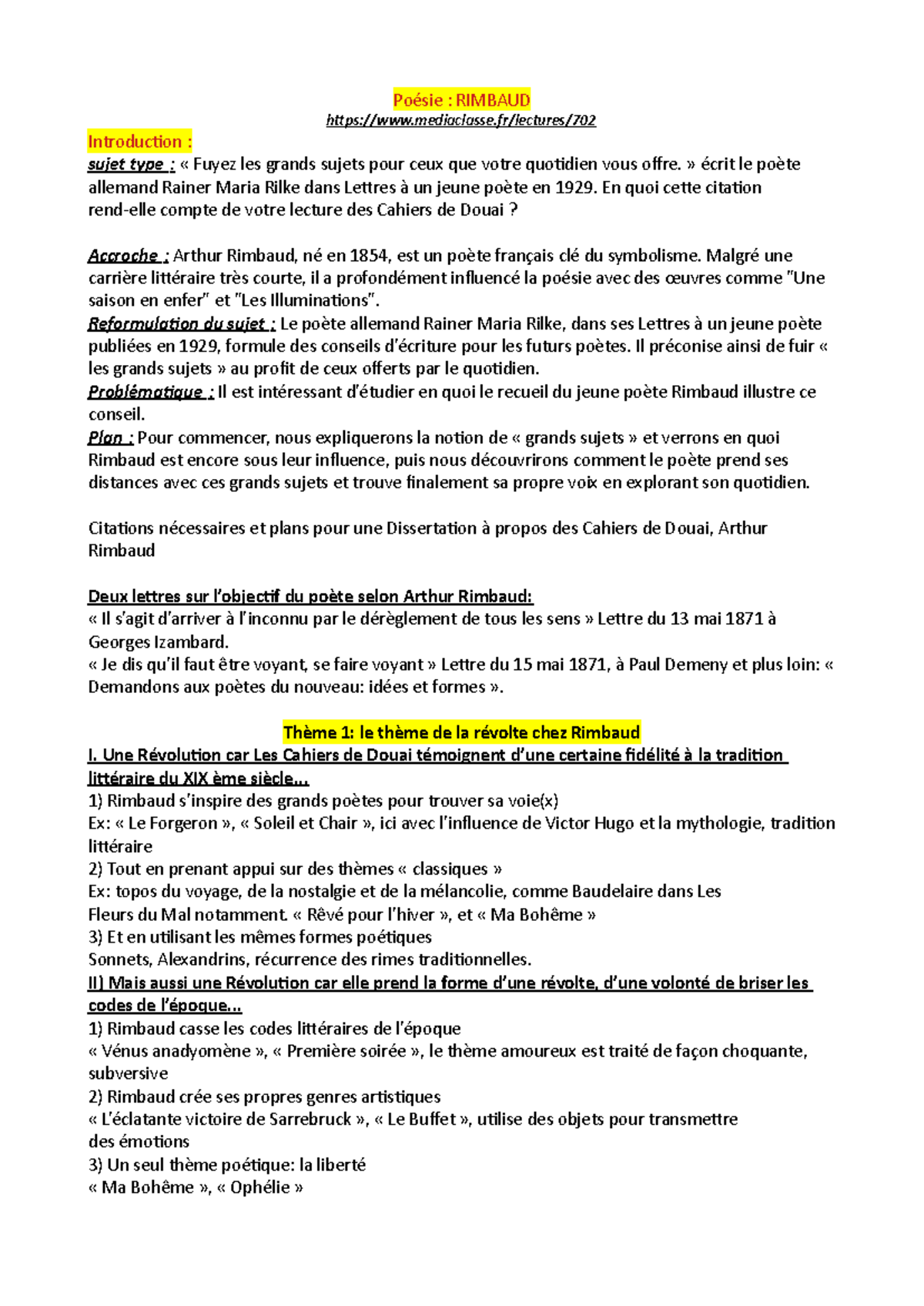 Dissertation sur Arthur Rimbaud : Cahiers de Douai (Bac de Français ...