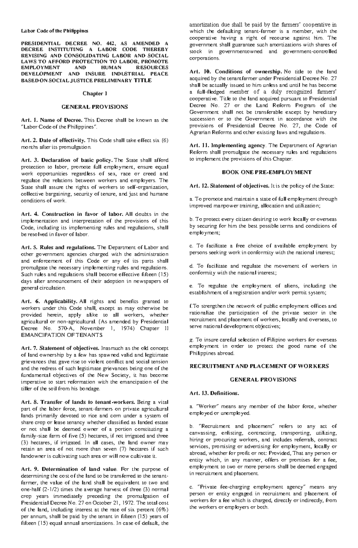Labor Code of the Philippines - Labor Code of the Philippines ...