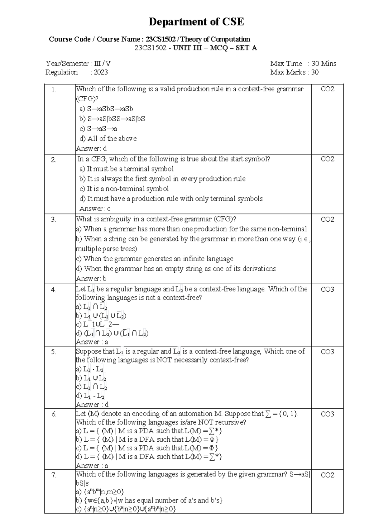 23CS1502 TOC UNIT-3 - Ans - Course Code / Course Name : 23CS1502 ...