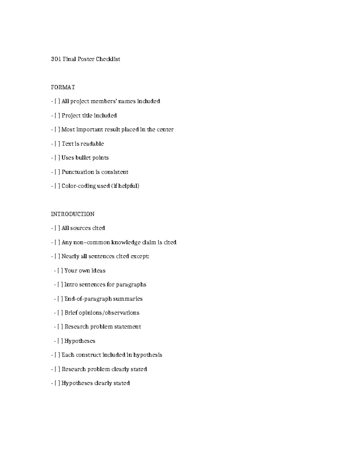 301 Final Poster Checklist for Research Projects - Studocu