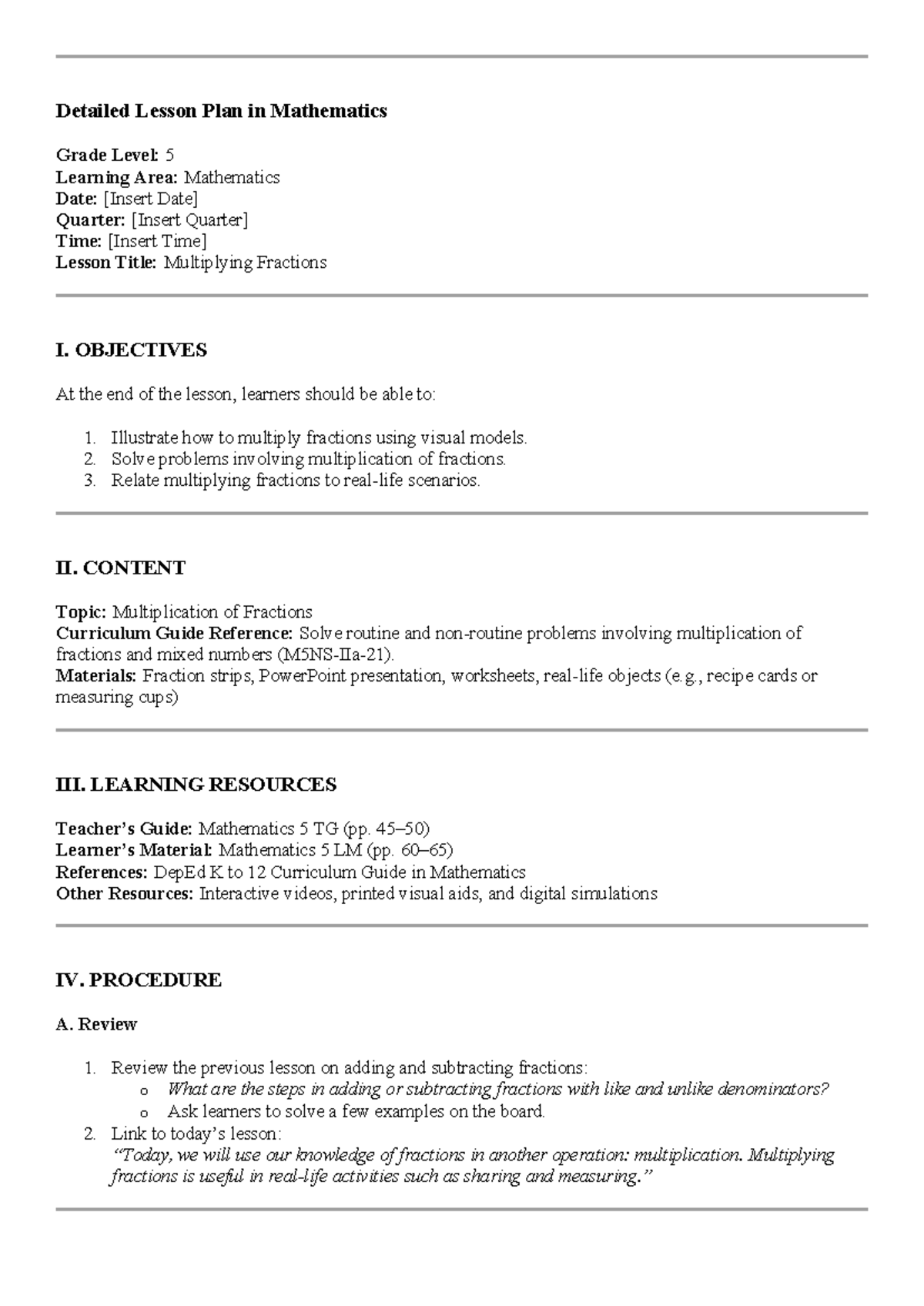 Detailed Lesson Plan: Multiplying Fractions for Mathematics 5 - Studocu