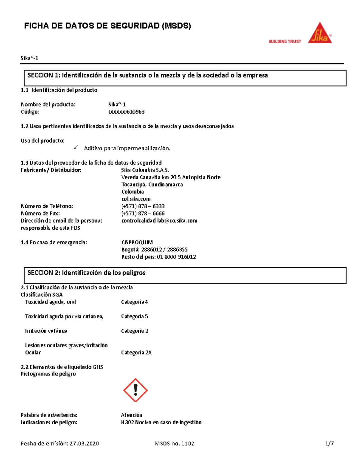 FDS Sika®-1: Información de Seguridad y Manejo del Producto - Studocu