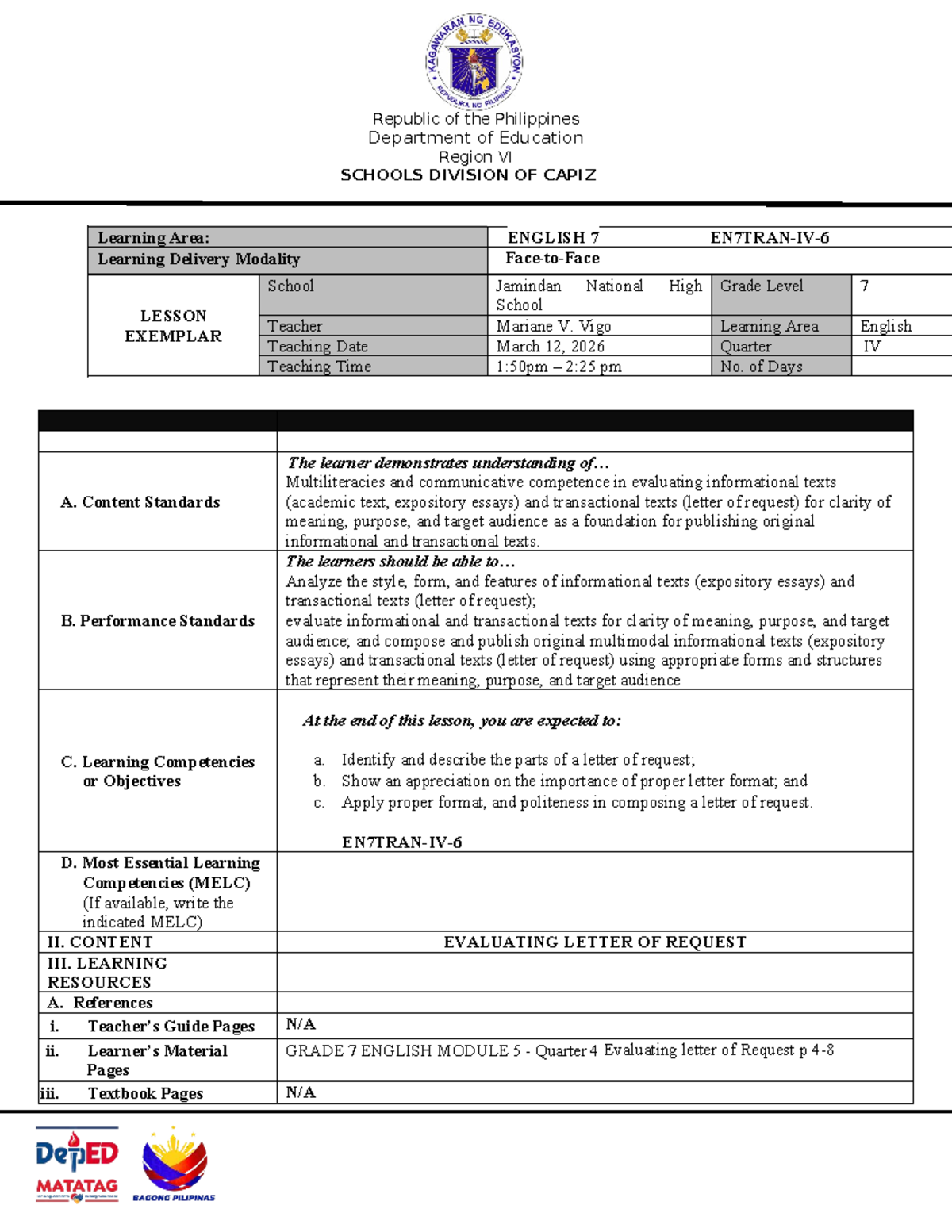 Grade 7 English Lesson Plan: Writing a Letter of Request - Studocu