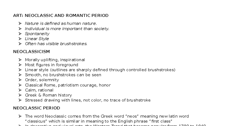 ART: NEOCLASSICISM & ROMANTICISM OVERVIEW - Studocu
