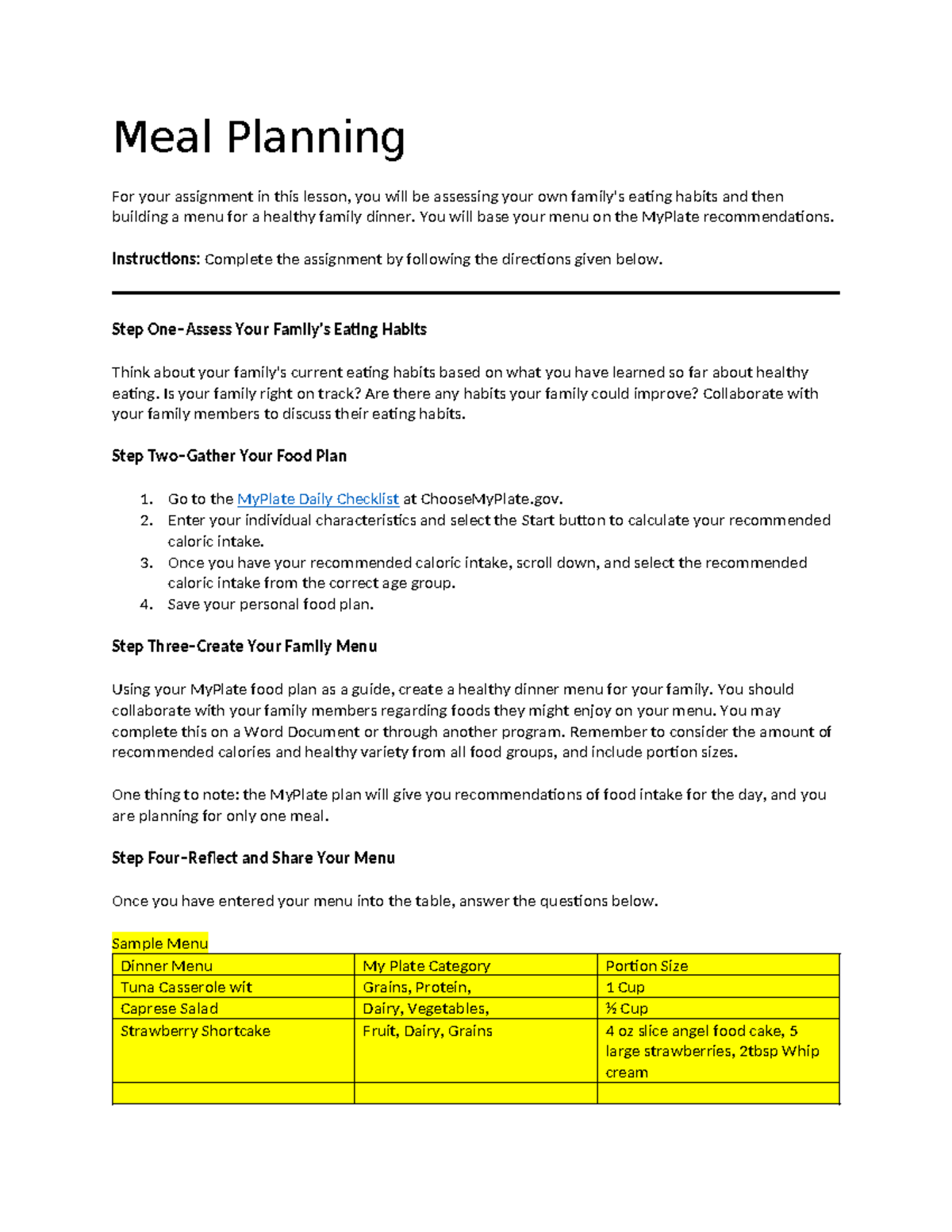 Healthy Family Dinner Menu with MyPlate - Lesson Assignment 2024 - Studocu