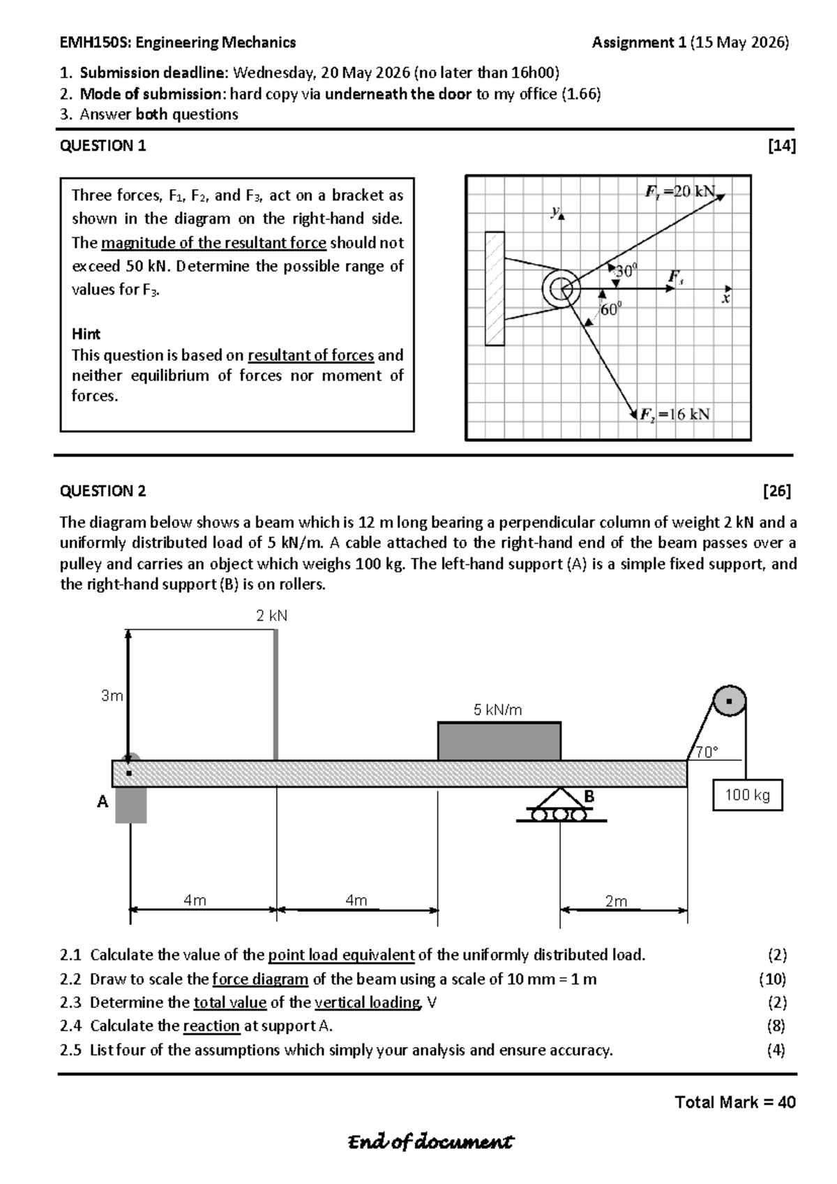 EMH150S: Engineering Mechanics Assignment 1 - Problem Solving Guide ...