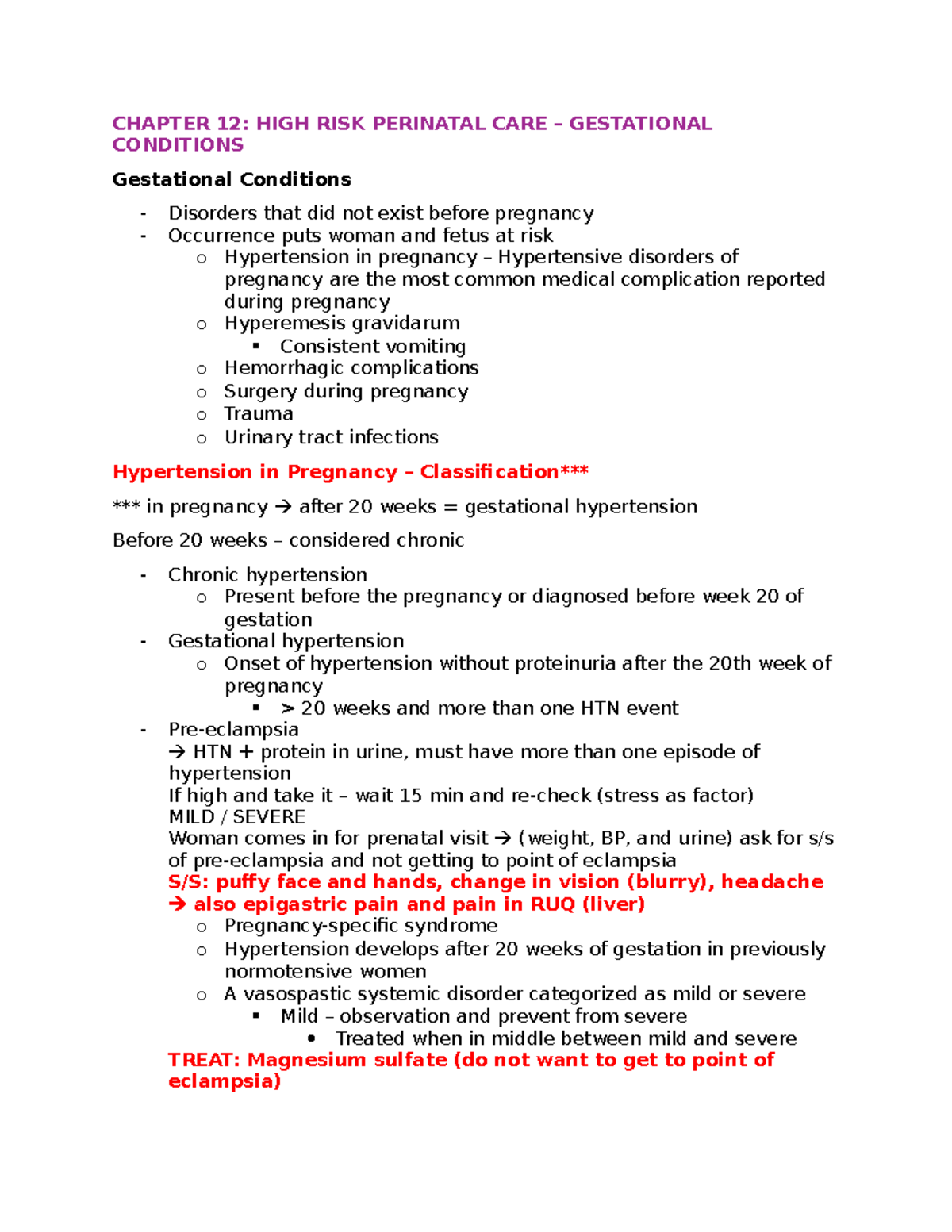 CHAPTER 12: HIGH RISK PERINATAL CARE - GESTATIONAL CONDITIONS - Studocu