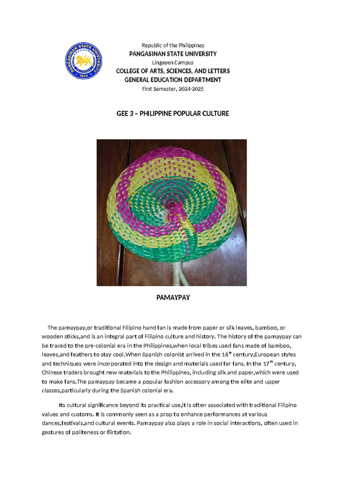 GEE-3-Learning Activity 1: The Cultural Significance of Pamaypay - Studocu