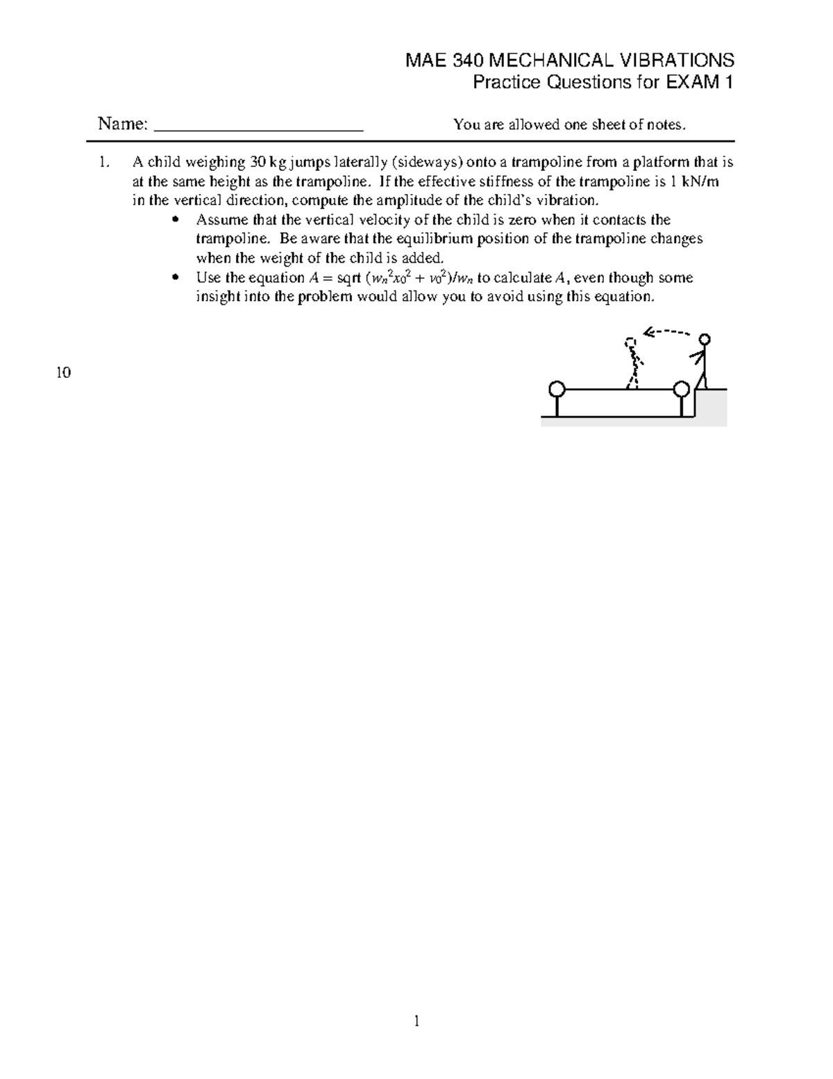 Practice Questions for MECH 101: Mechanical Vibrations Exam 1 - Studocu